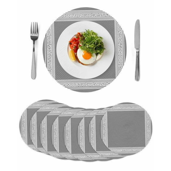 Grey White Greek Key Pattern Round Table Placemats set of 8, Geometric ...