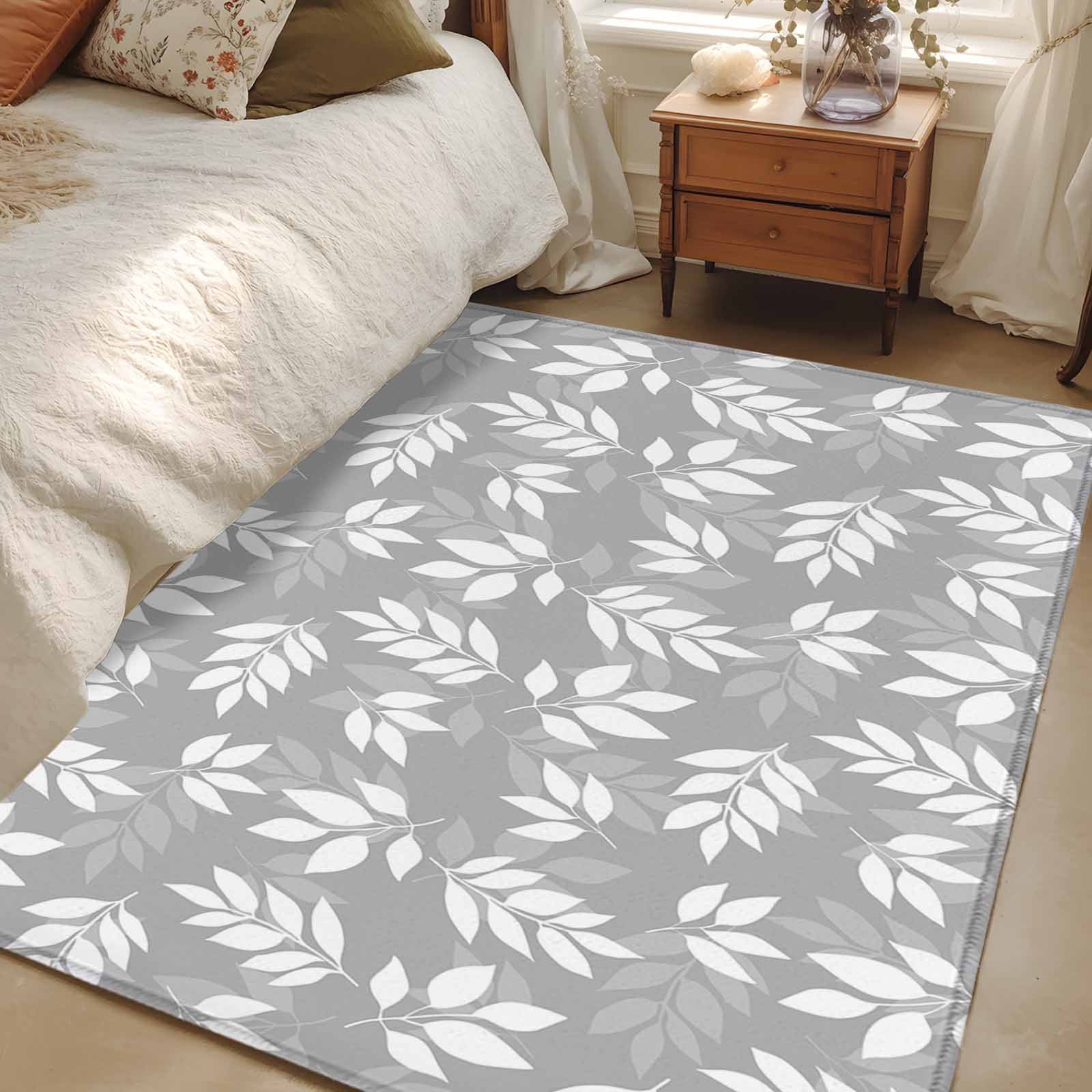 Grey White Leaves Area Rugs 4x6 for Living Room, Spring Pastoral Rustic ...