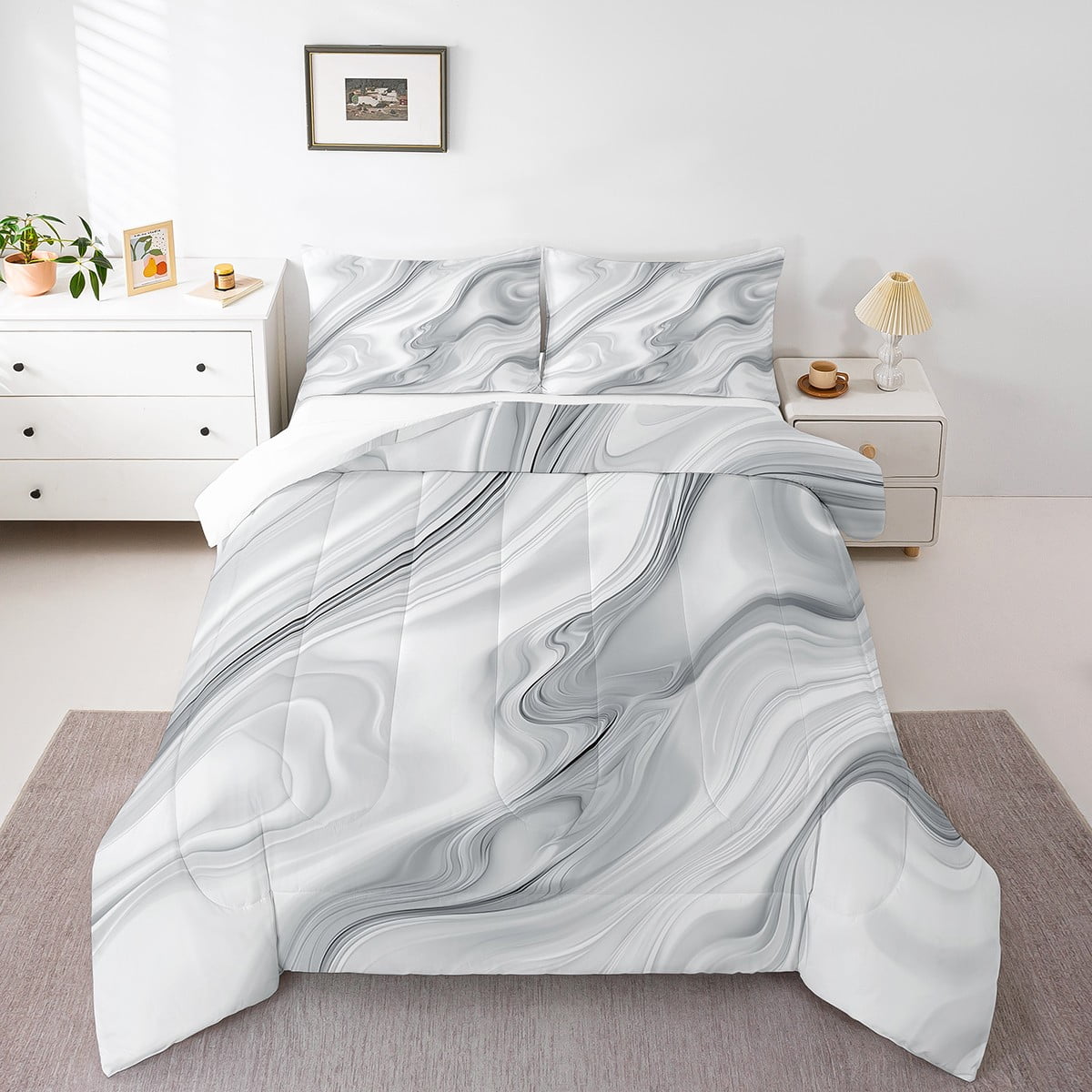 Grey White Marble Bedding Set Full Size For Women Men,Abstract Fluid ...