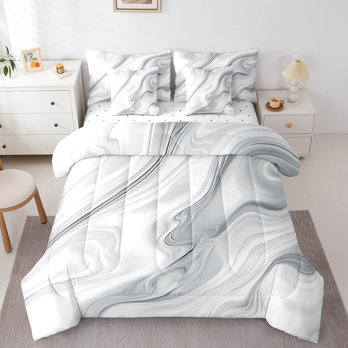 Grey White Marble Bedding Set For Women Men,Abstract Fluid Marble Grain ...