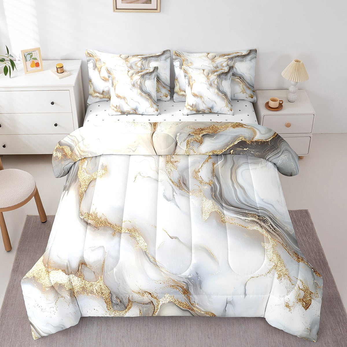 Grey White Marble Sheet Set Metallic Marble Comforter 7 Pieces Queen ...