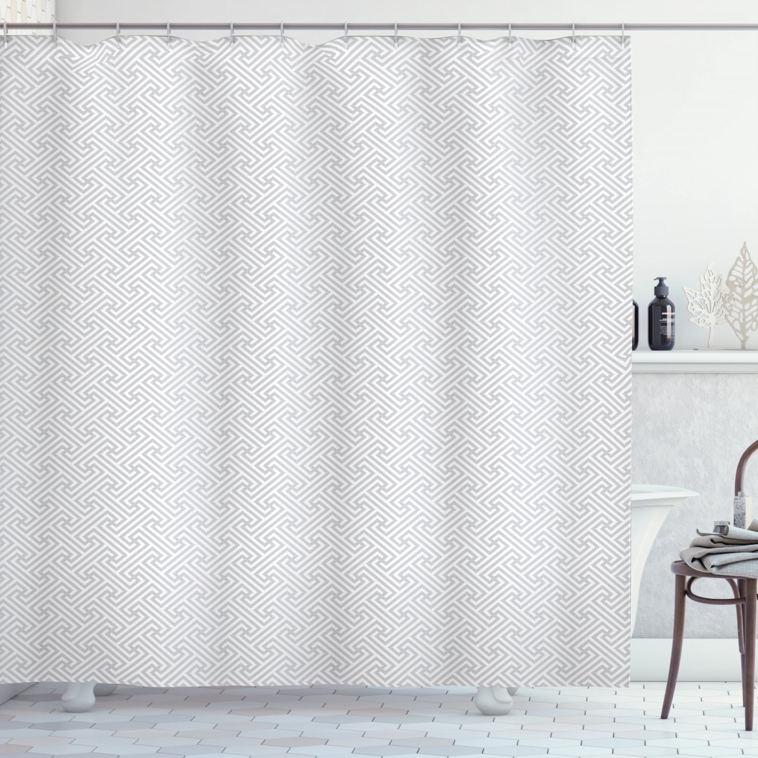 Grey and White Shower Curtain, Labyrinth Maze Style Pattern Grid Retro ...
