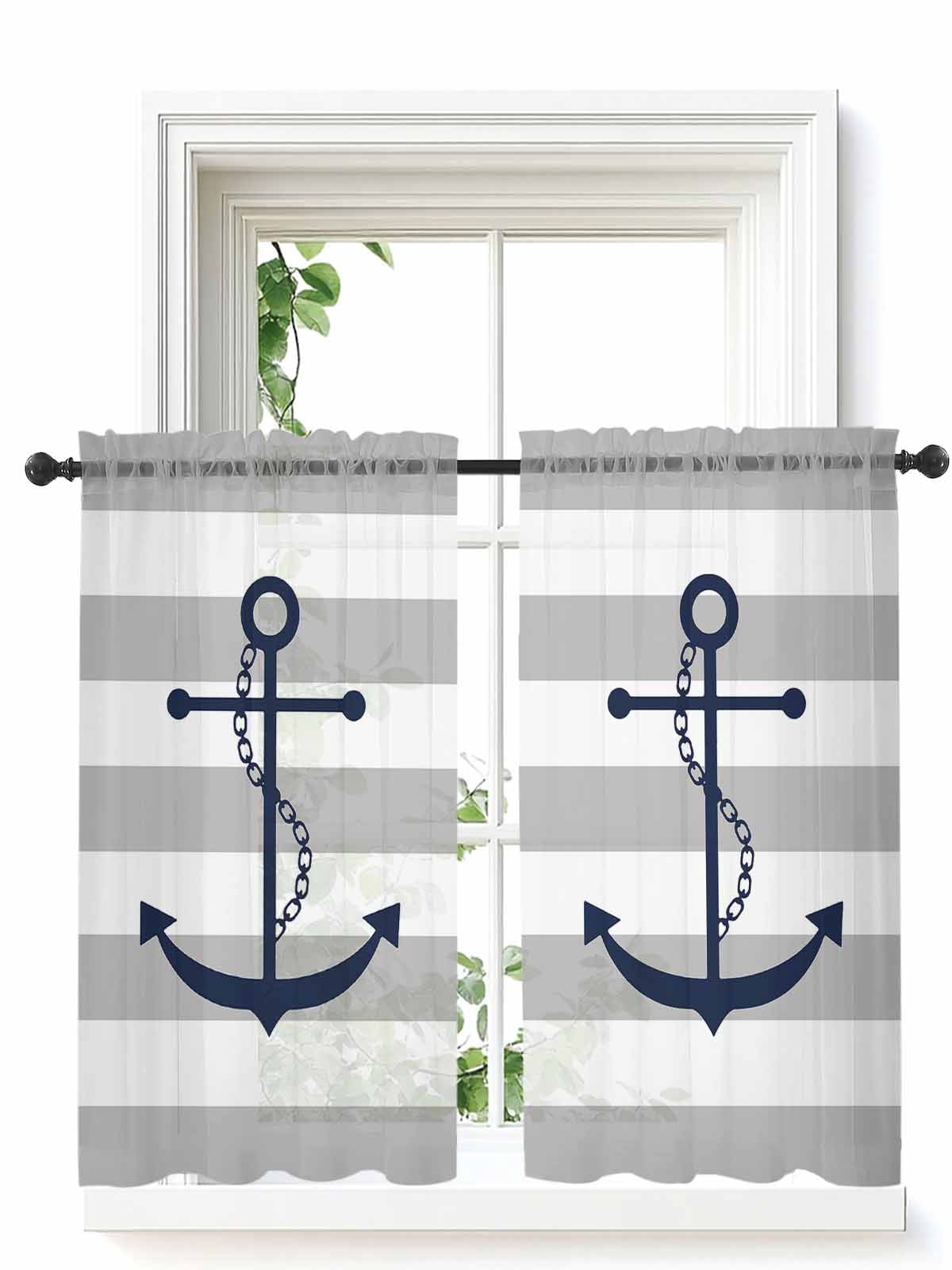 Grey White Striped Curtains 45 Inch Length,Sheer Curtains for Bedroom ...