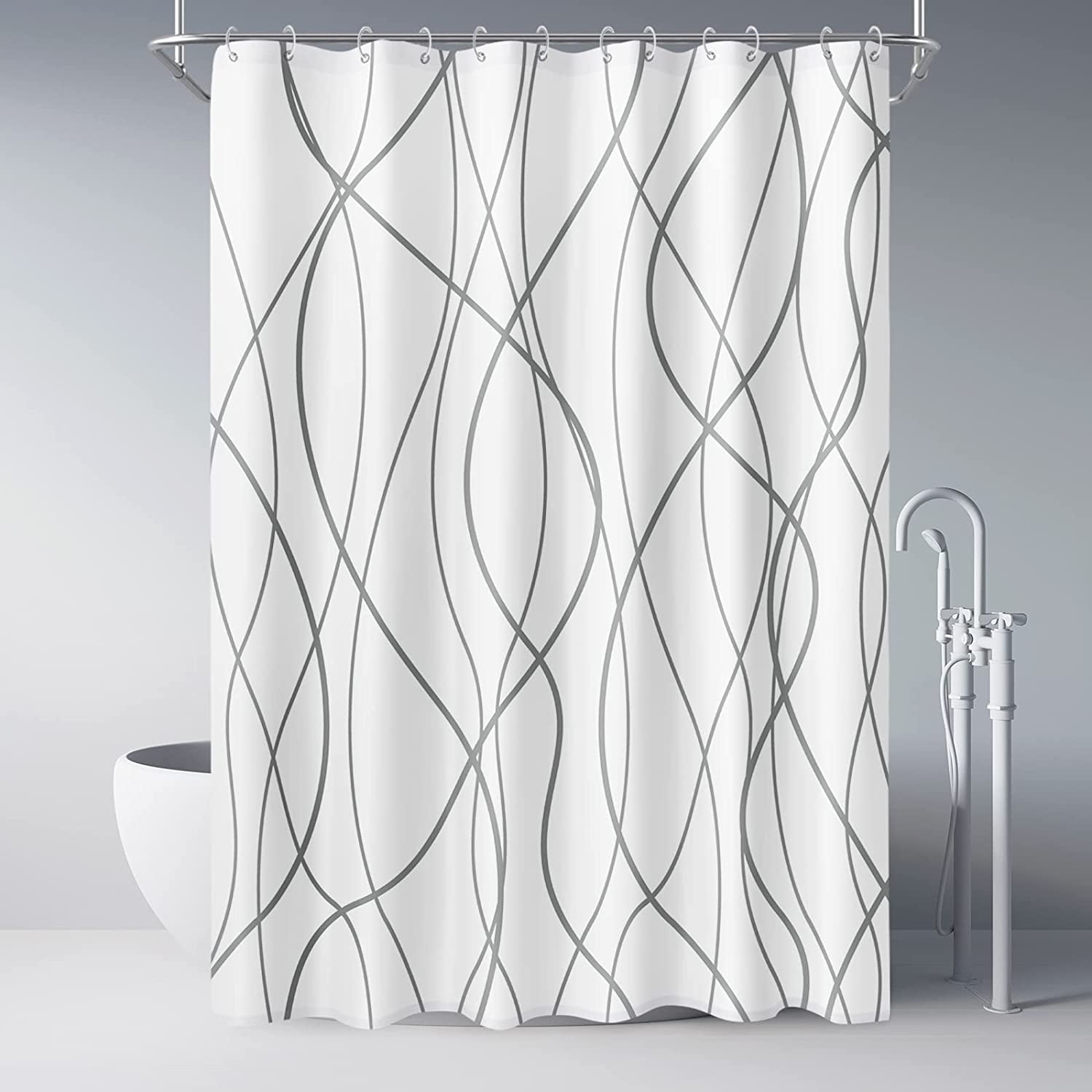 Grey and White Striped Fabric Shower Curtain for Bathroom with 12 Hooks, Extra Long Shower ...
