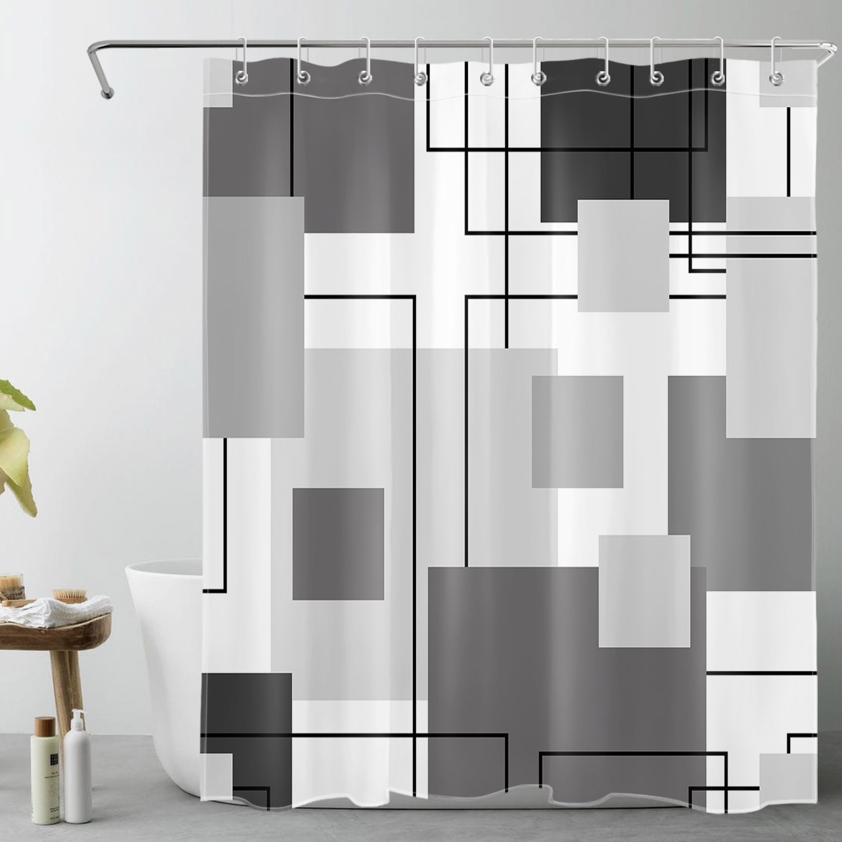 Grey and White Striped Geometric Shower Curtain Decor, Abstract Mid ...