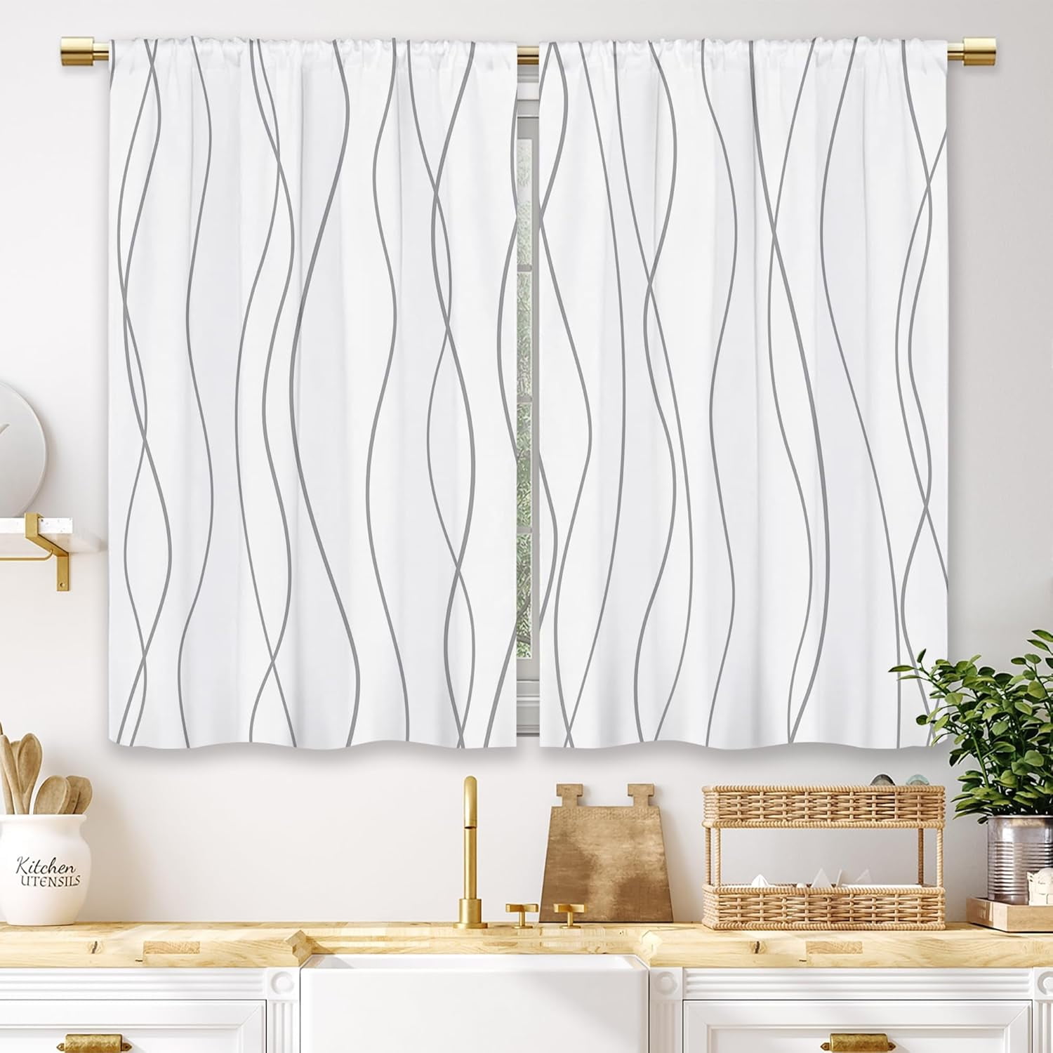 Grey and White Striped Kitchen Curtains Abstract Modern Small Short ...