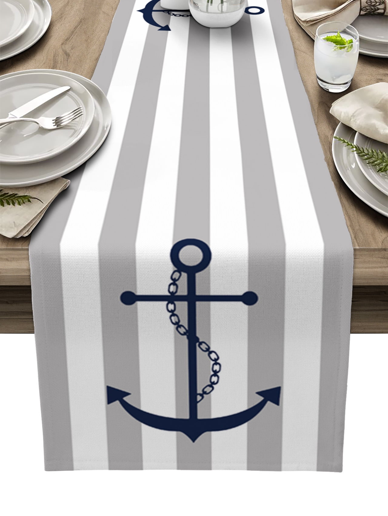 Grey White Striped Table Runner 72 Inches, Navy Blue Beach Nautical ...