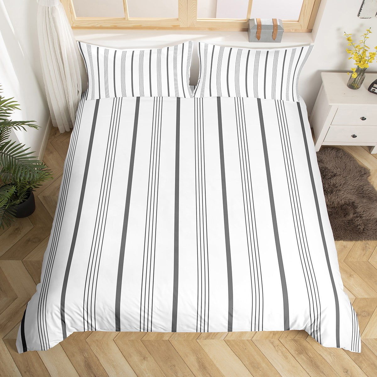 Grey White Stripes Duvet Cover King Geometric Striped Bedding Set ...