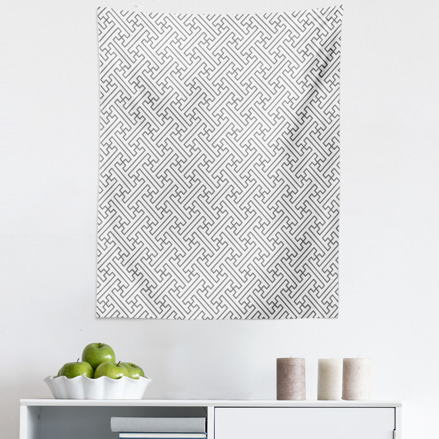 Grey and White Tapestry, Minimalist Geometric Trippy Formles Lines ...