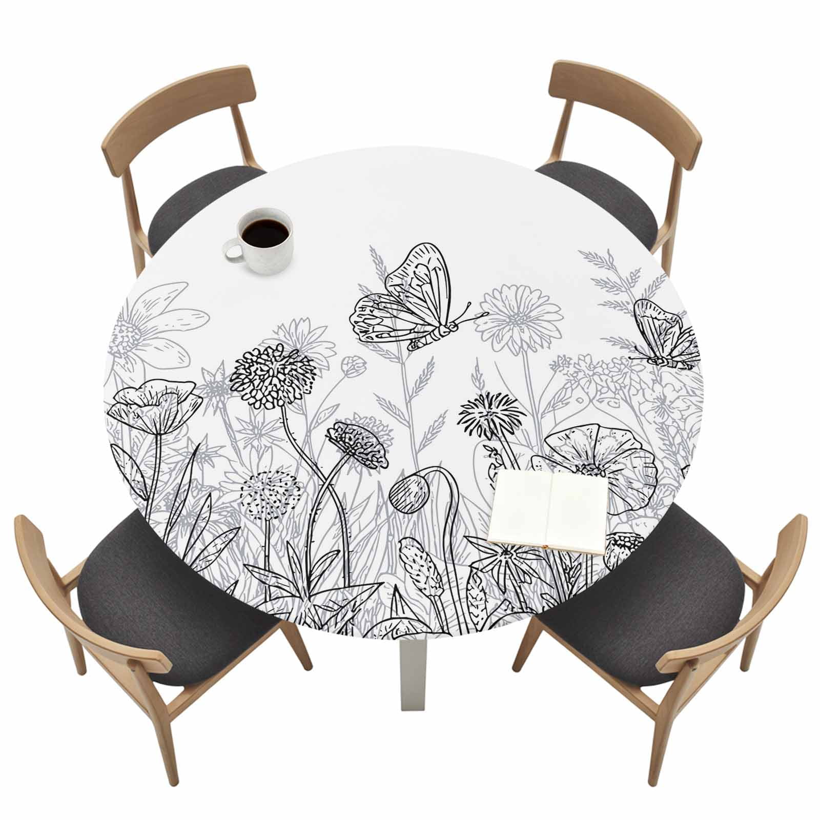 Grey Wildflowers Fitted Tablecloth with Elastic Edged, Round Table ...