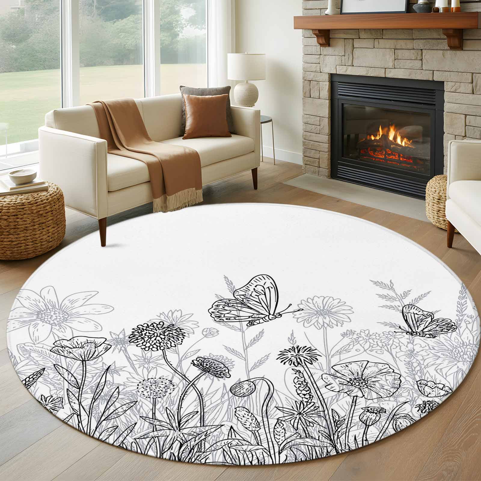 Grey Wildflowers Round Rug 8ft Washable Circle Rugs Non Slip Modern ...