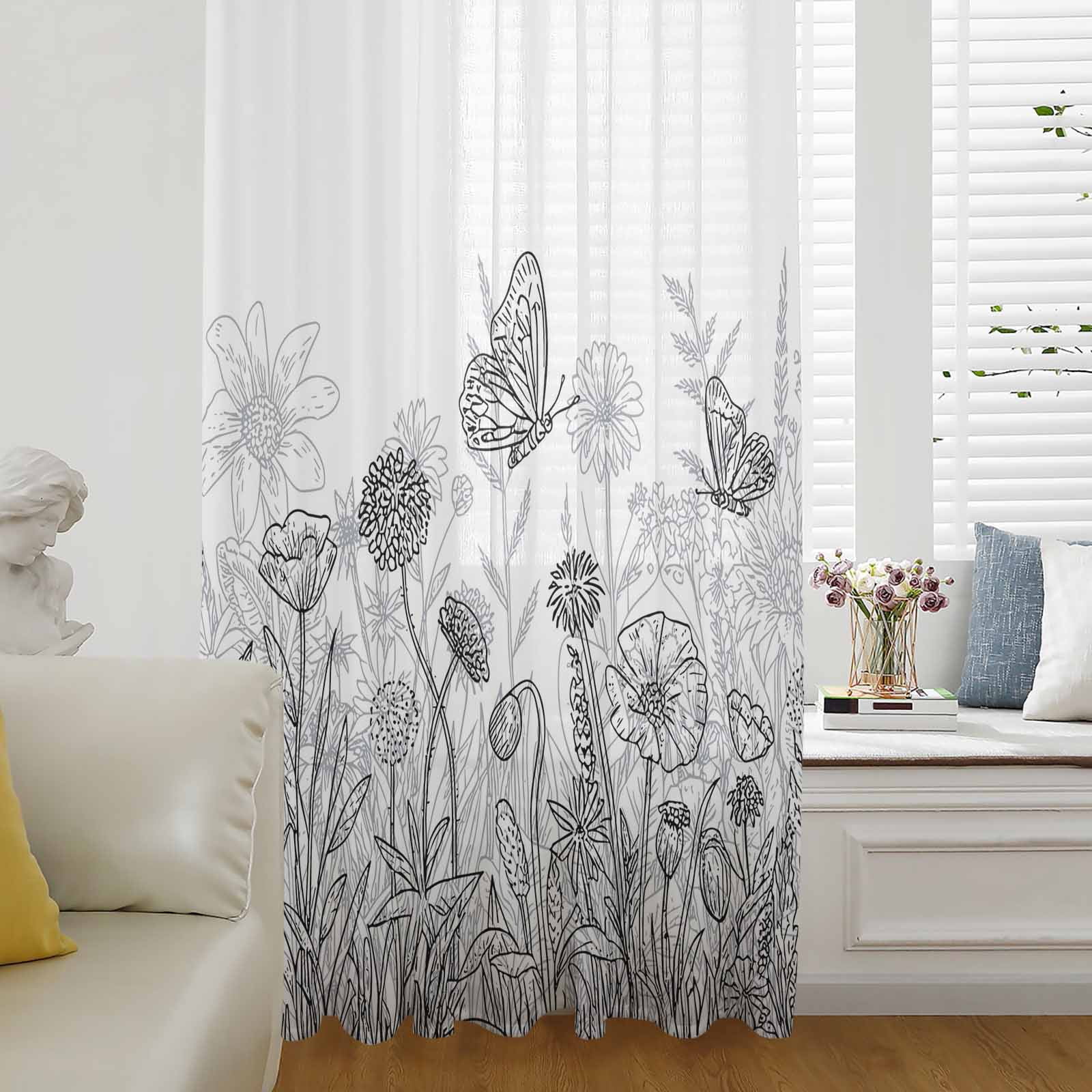 Grey Wildflowers Semi Sheer Curtains Drapes for Living Room,Bedroom ...