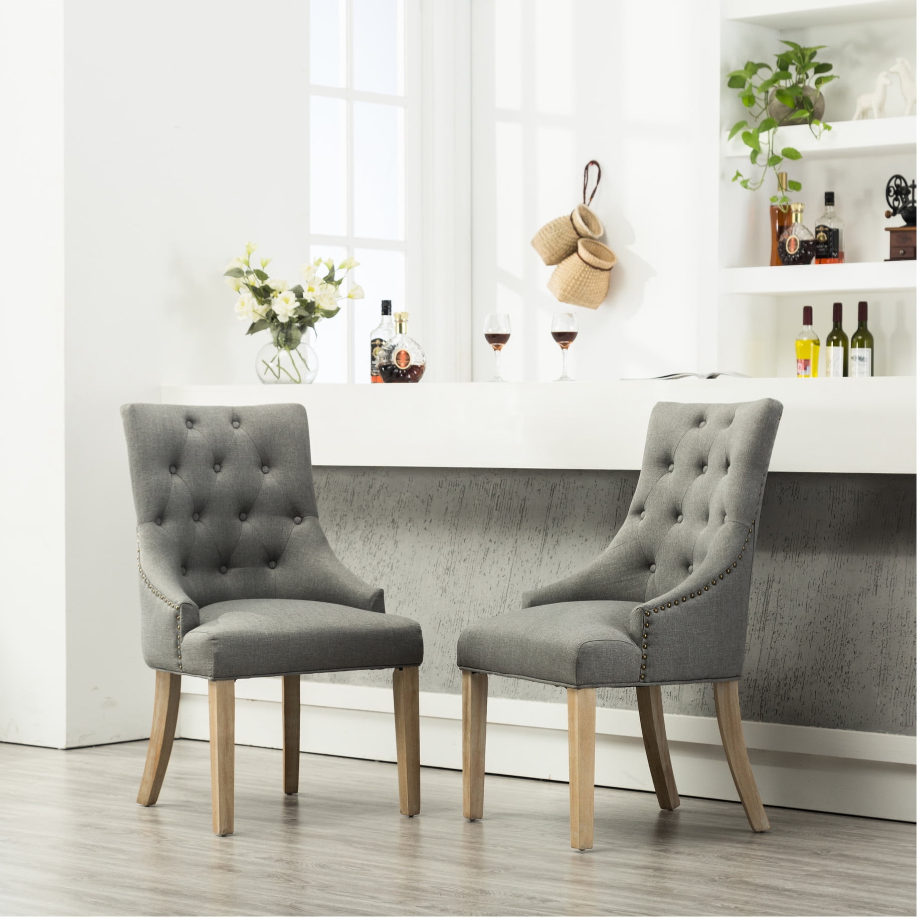Grey Wingback Chairs with Nail Heads | Button Tufted Set of 2 | Linen ...