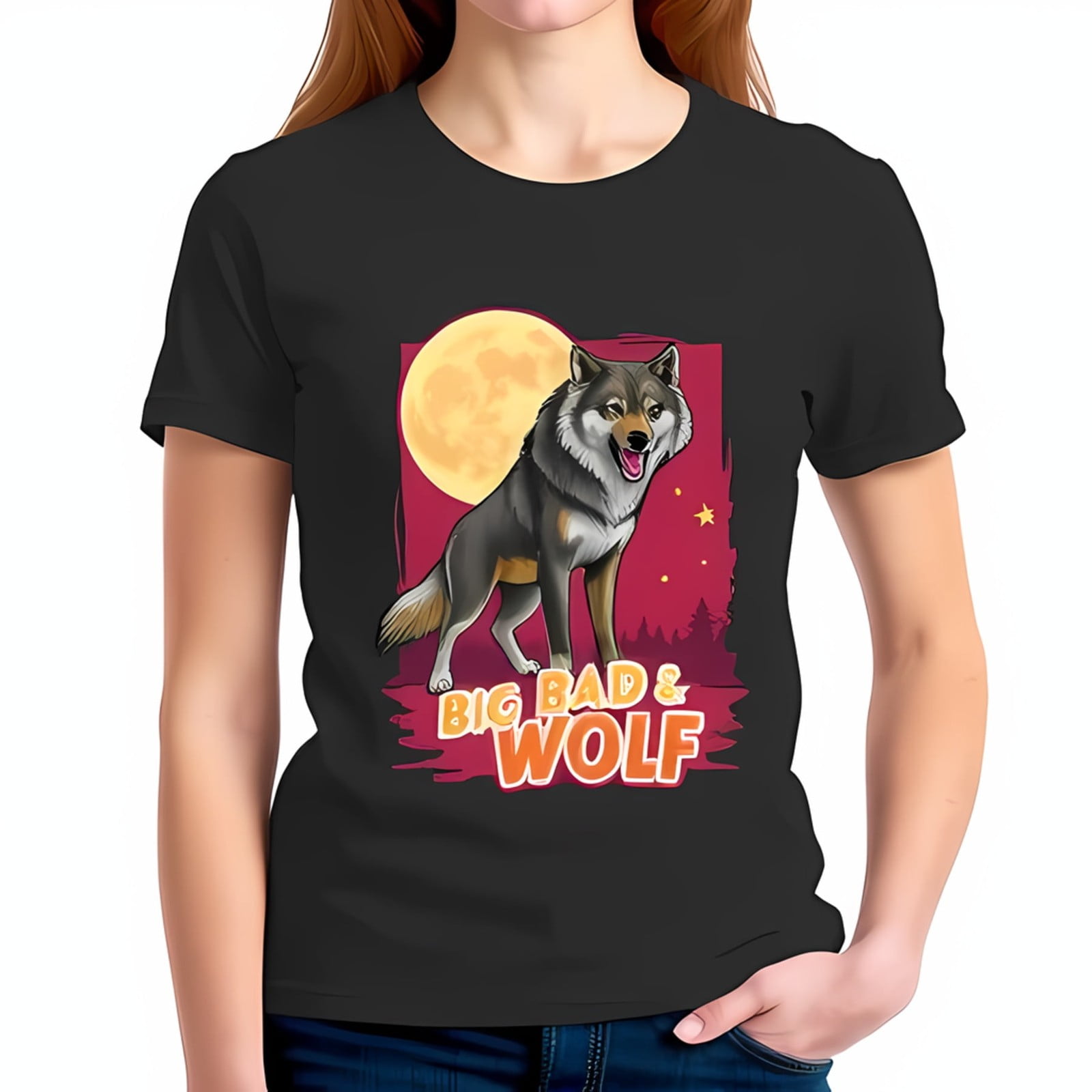 Grey Wolf Cotton Short Sleeve Shirt With Full Moon Night Graphic ...