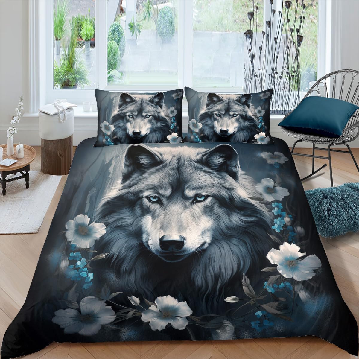 Grey Wolf Duvet CoverWhite Flower Bedding Set Flowers Wolves Bed Sets ...