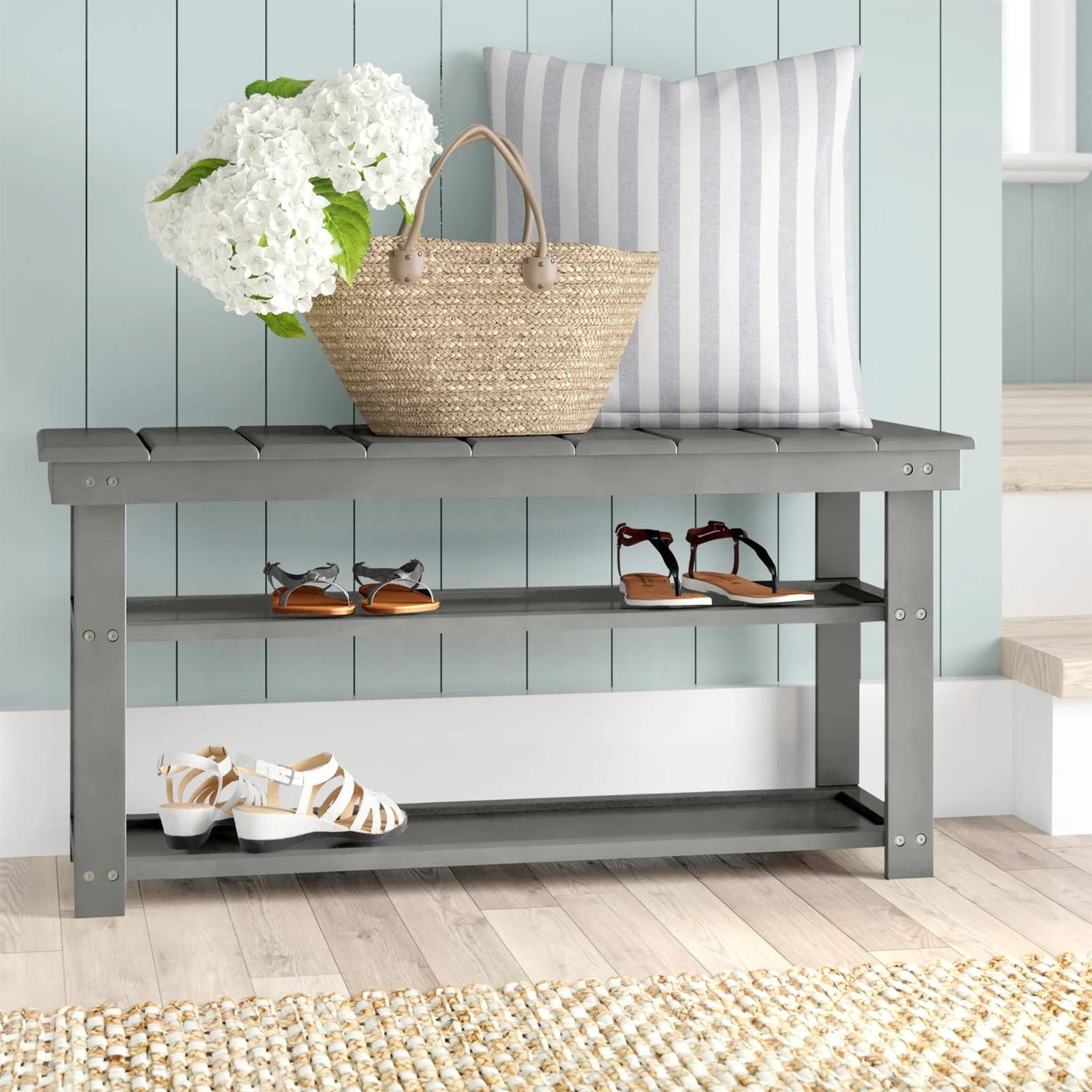 Grey Wood 2-Shelf Shoe Rack Storage Bench For Entryway or Closet ...