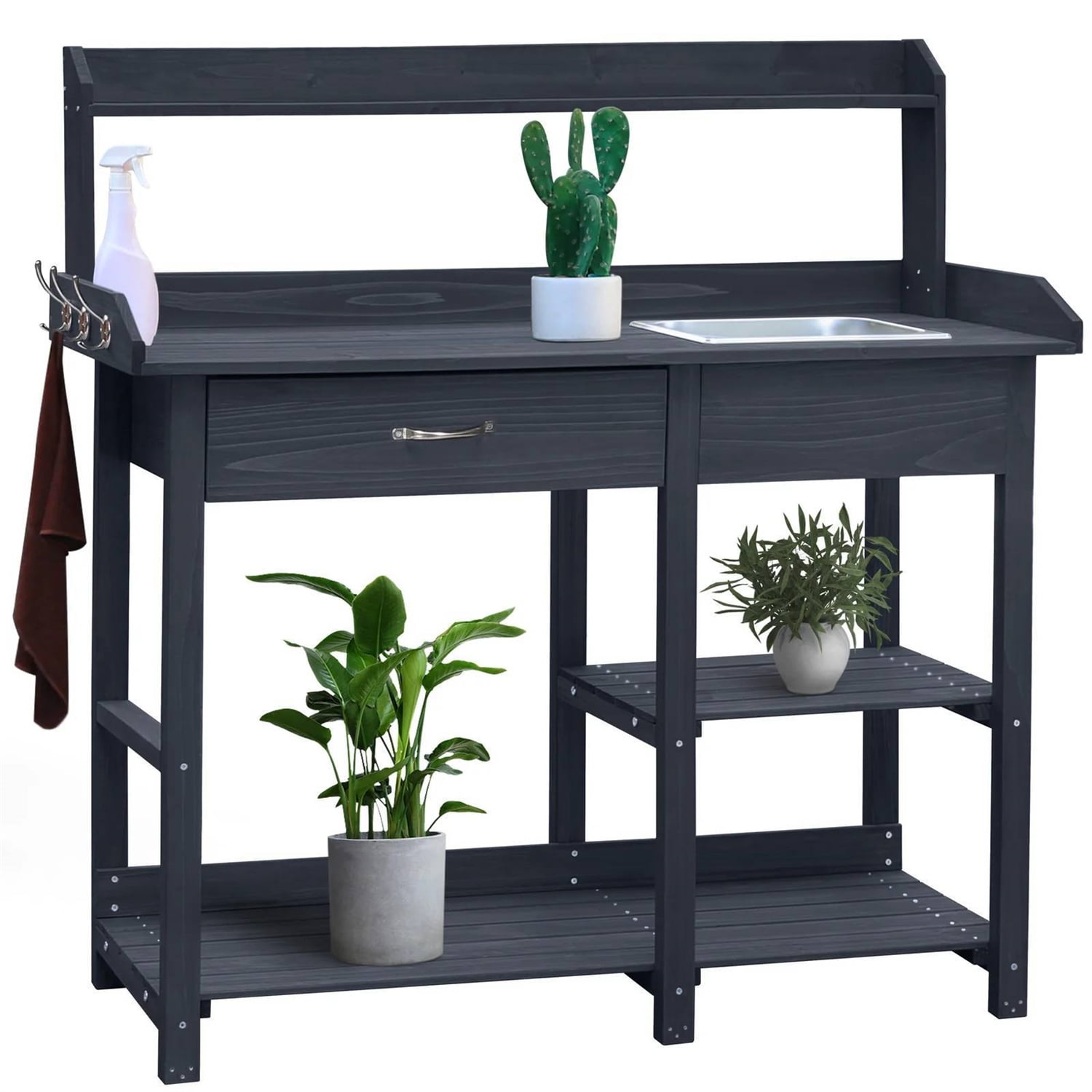 Grey Wood Outdoor Garden Potting Bench Storage Shelf with Removeable ...