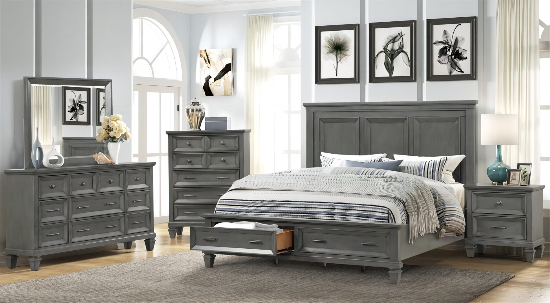 Grey Wooden 6-Piece Bedroom Furniture Set, King Size Platform Bed Frame ...