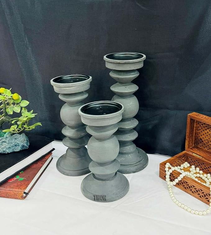 Grey Wooden Pillar Candle Holder, Vintage Seaside Pillar Stand for ...