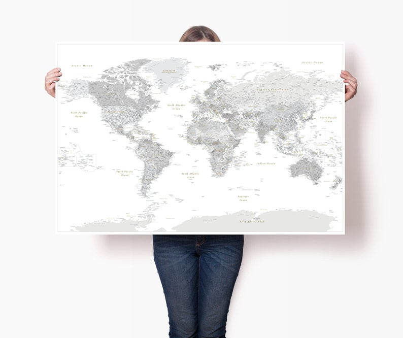 Grey World Map Poster - Large DIY Push Pin Travel Map - High Detailed ...