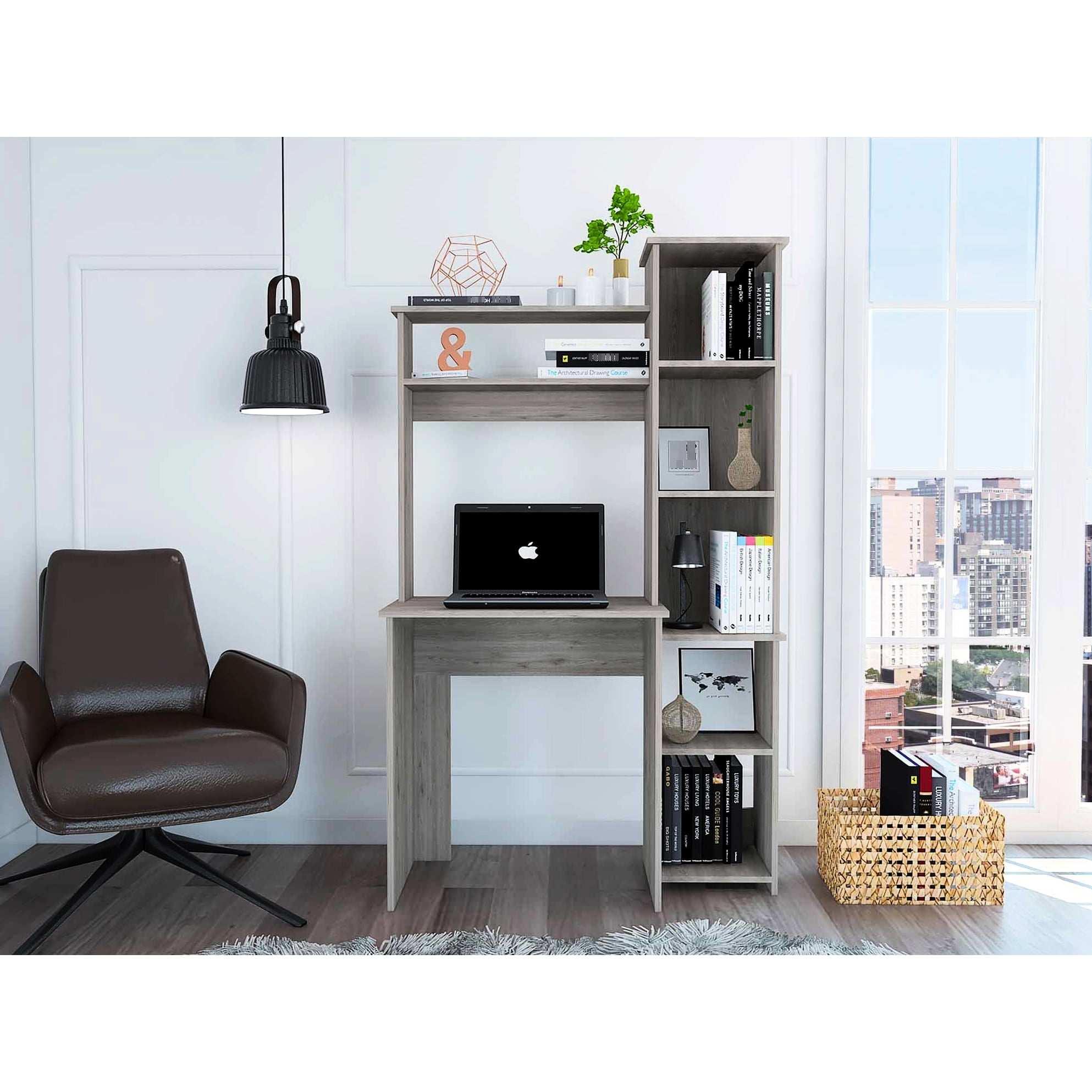 Grey Writing Desk With Built-in Bookcase - 6 Shelves For Storage And ...