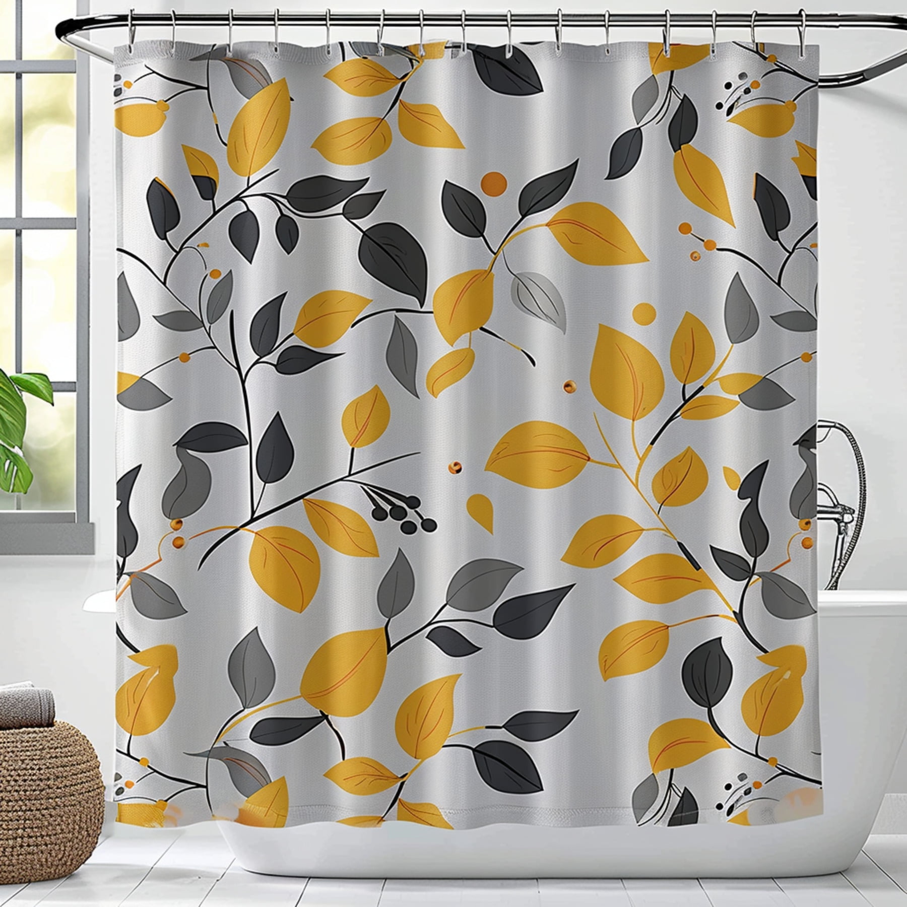Grey Yellow Black Leaves Berries Fabric Shower Curtain Bathroom Decor ...