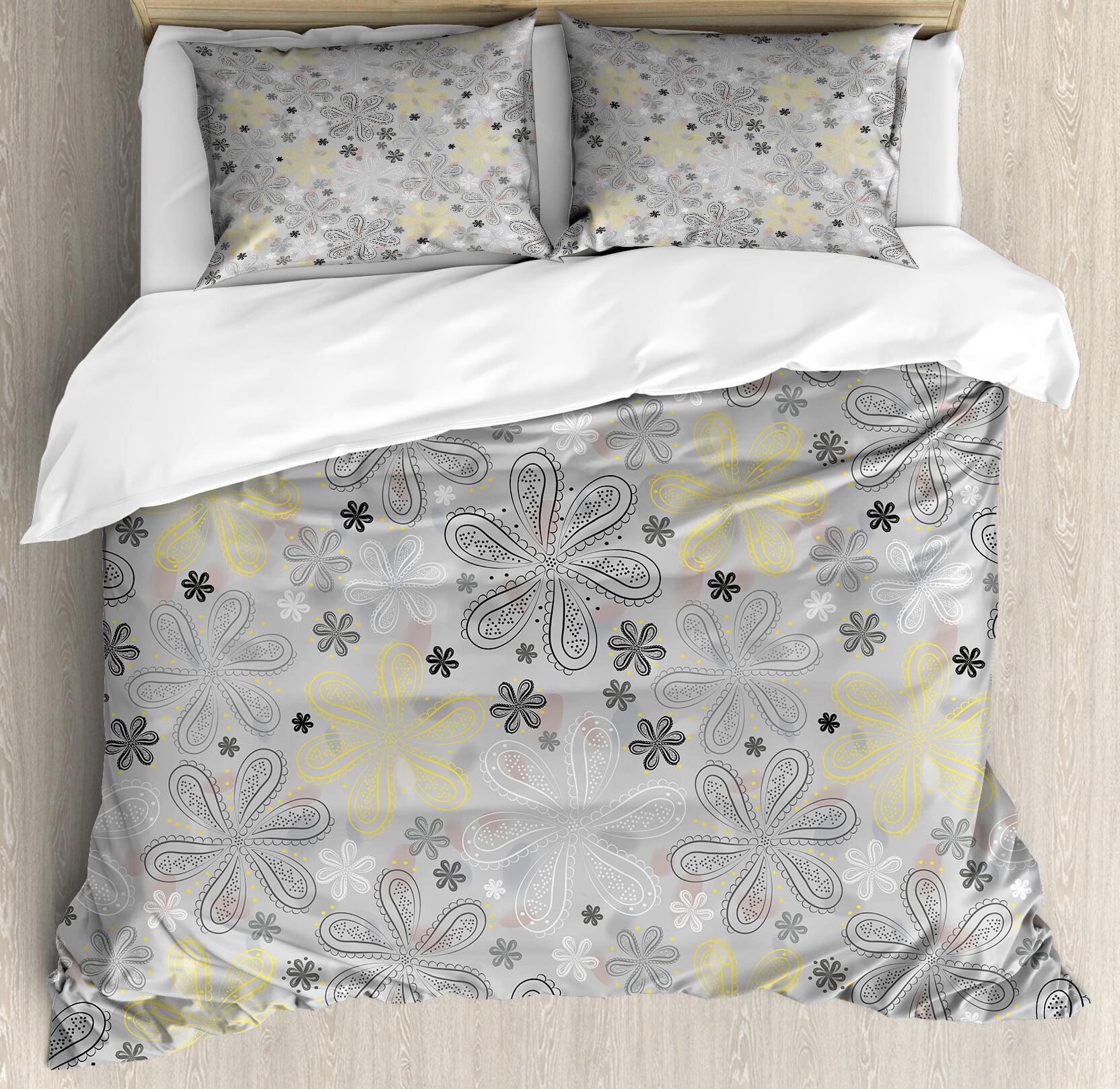 Grey and Yellow Duvet Cover Set, Bohem Style Paisley Print Flowers Dots ...