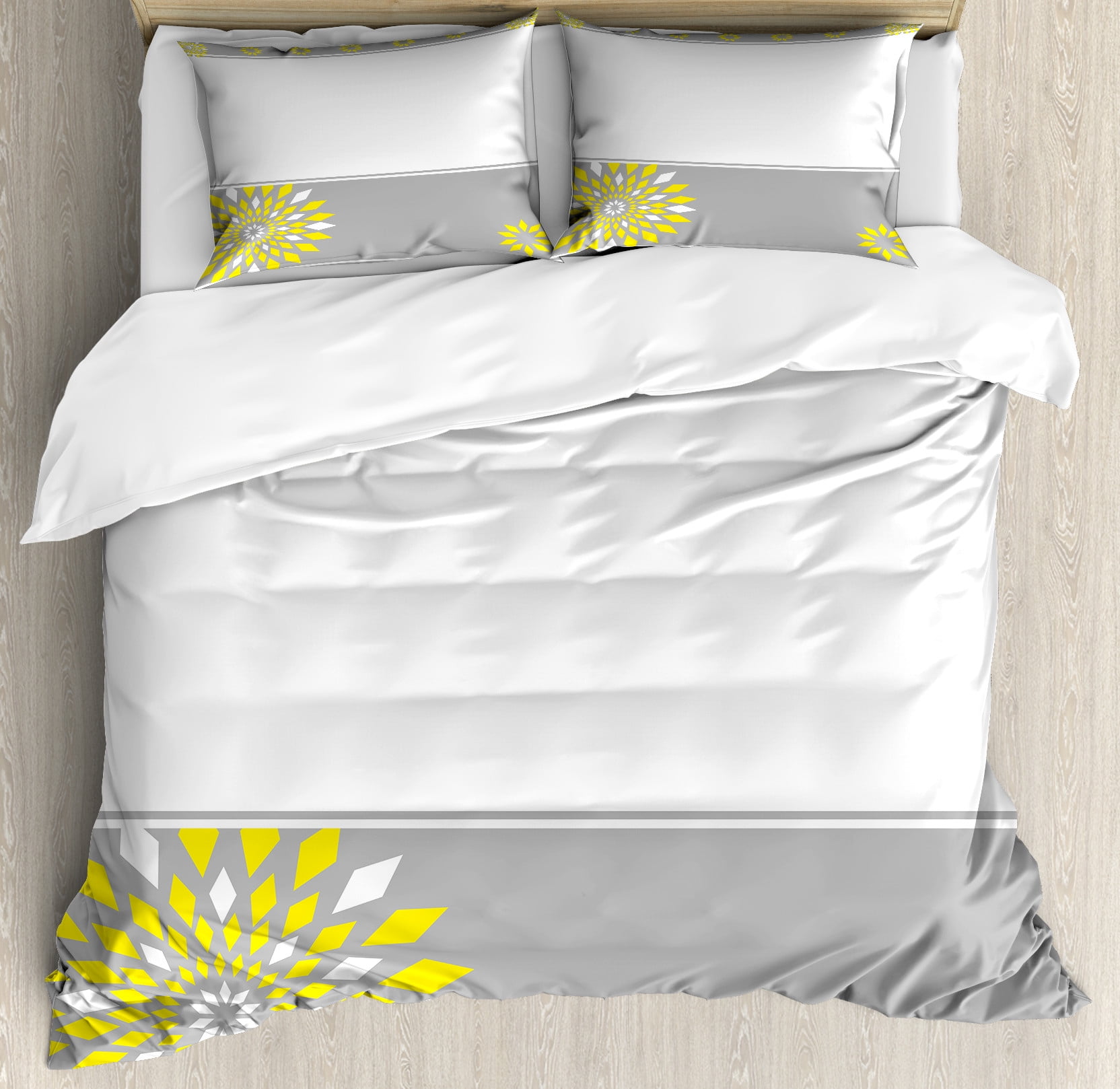Grey and Yellow Duvet Cover Set, Modern Futuristic Border with Geometric Flower Frame ...