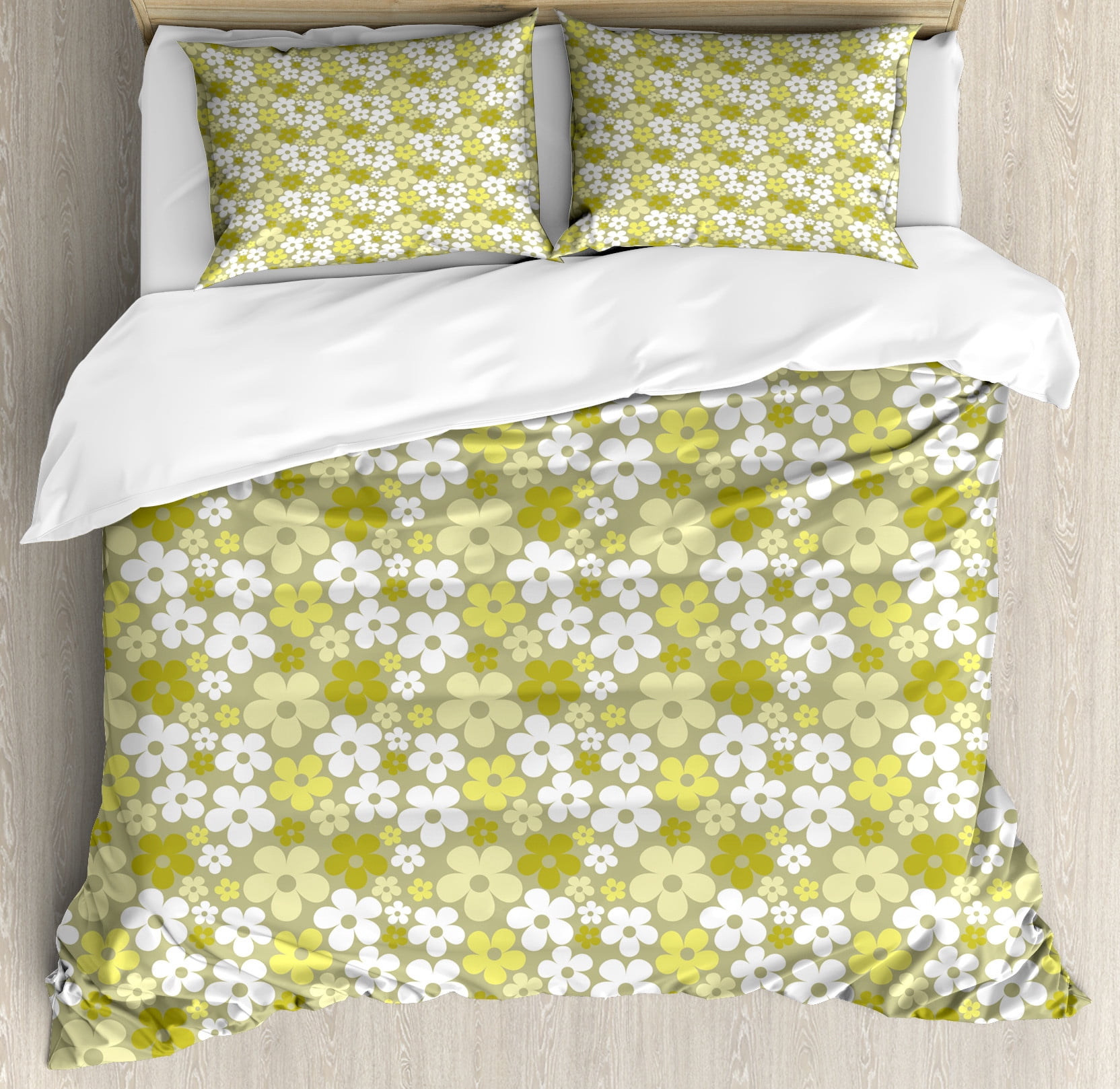 Grey Yellow Duvet Cover Set, Repeating Motifs Basic Abstract Flowers ...