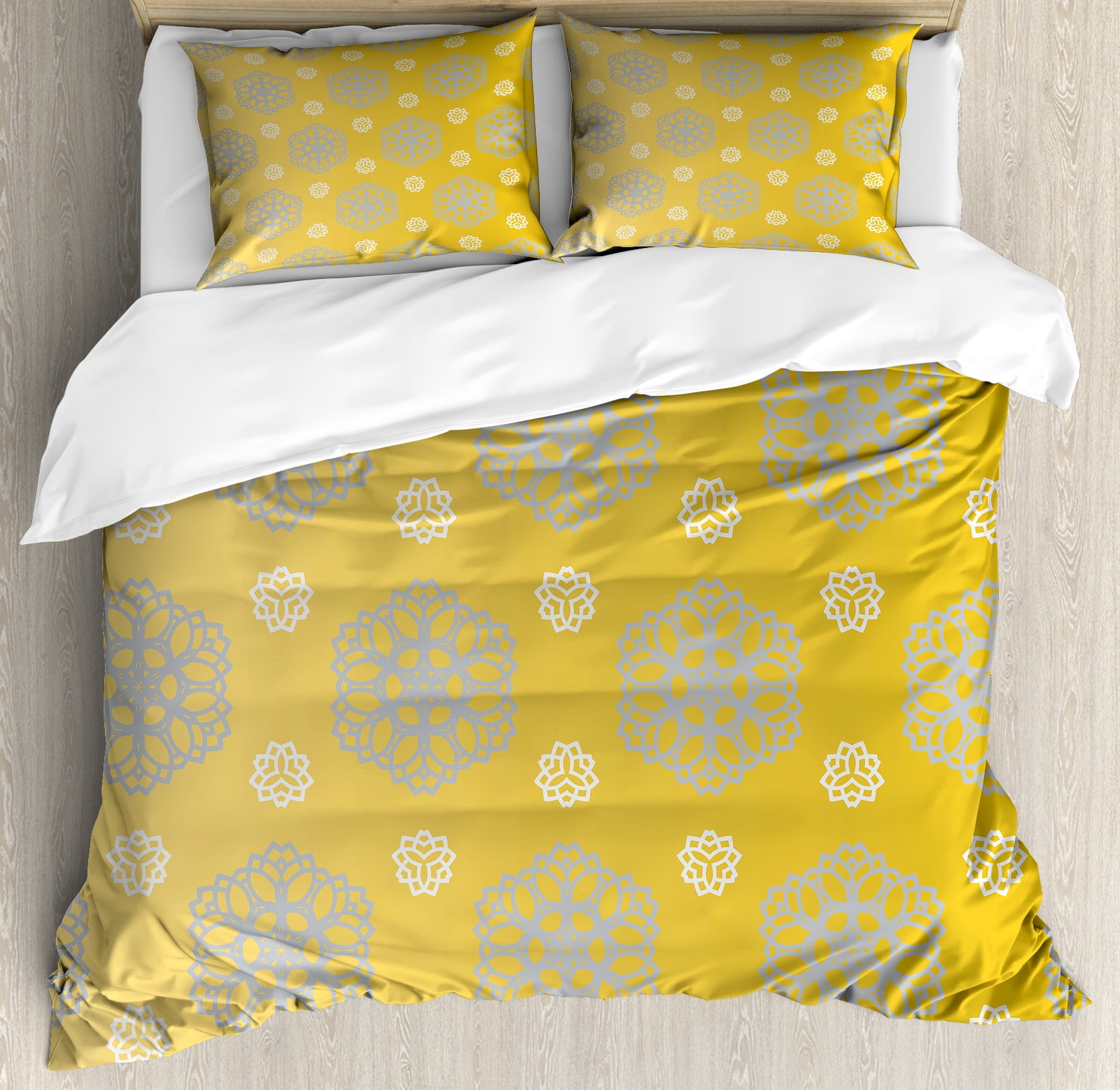 Grey and Yellow Duvet Cover Set, Retro Vintage Bohemic Image of Flowers ...