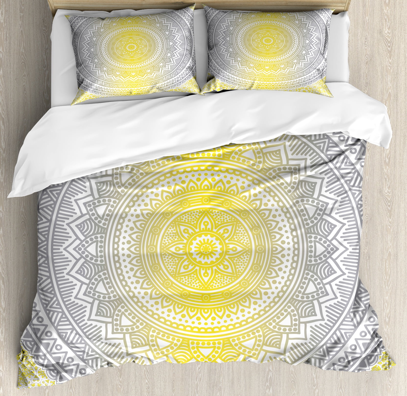 Grey and Yellow Duvet Cover Set, Soft Pastel Color Ombre Mandala ...