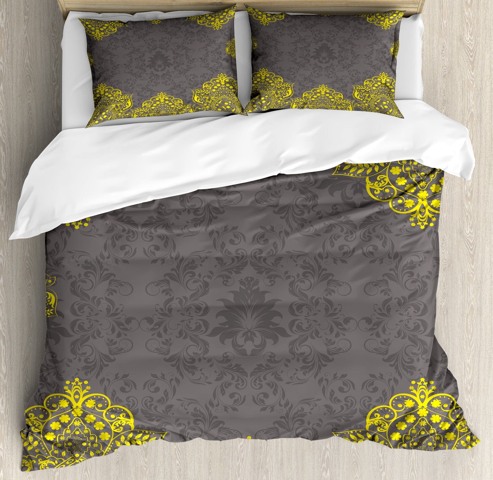 Grey and Yellow Duvet Cover Set, Traditional Victorian Style Abstract ...