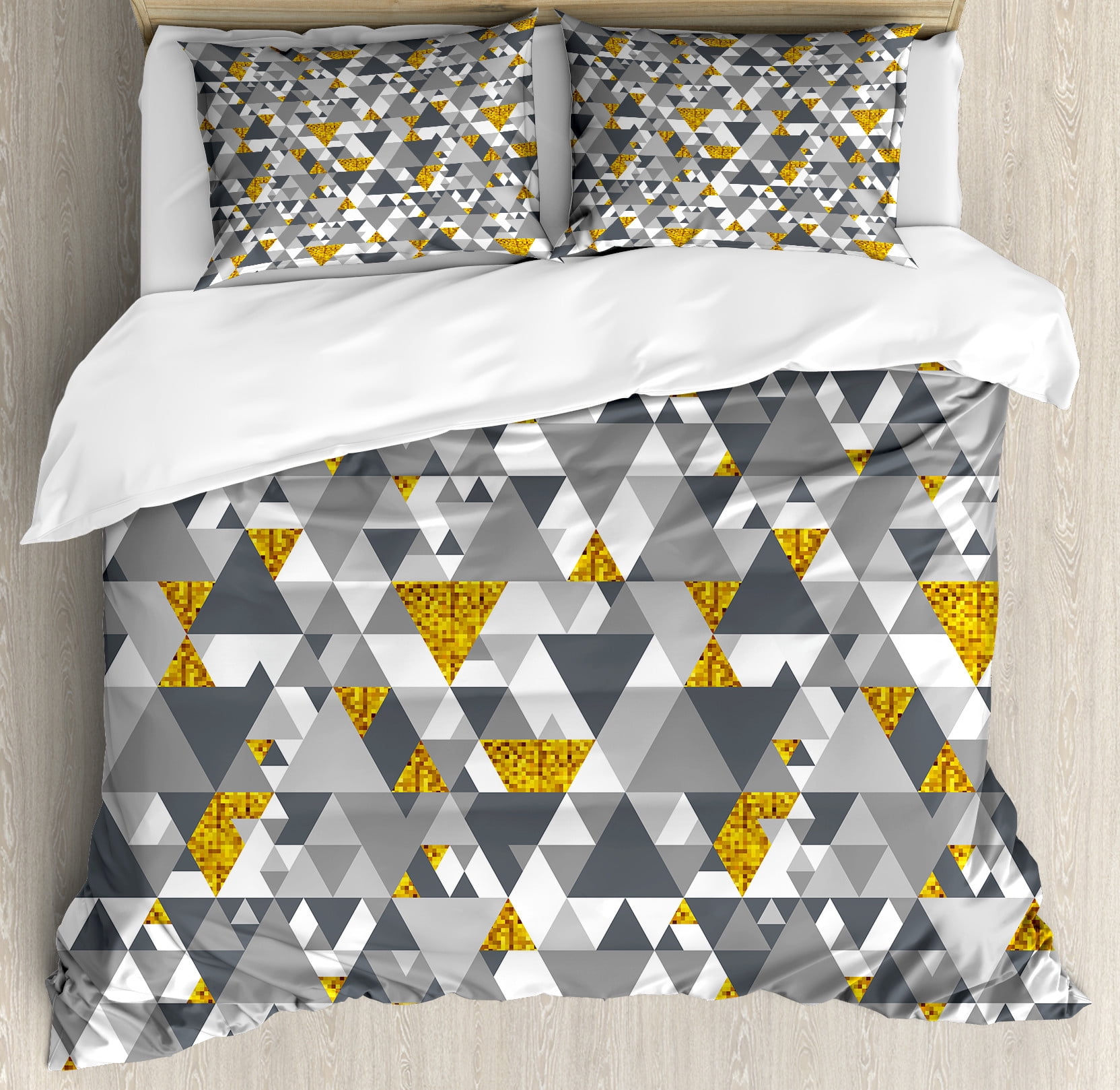 Grey and Yellow Duvet Cover Set, Zig Zag Triangles Futuristic Design ...