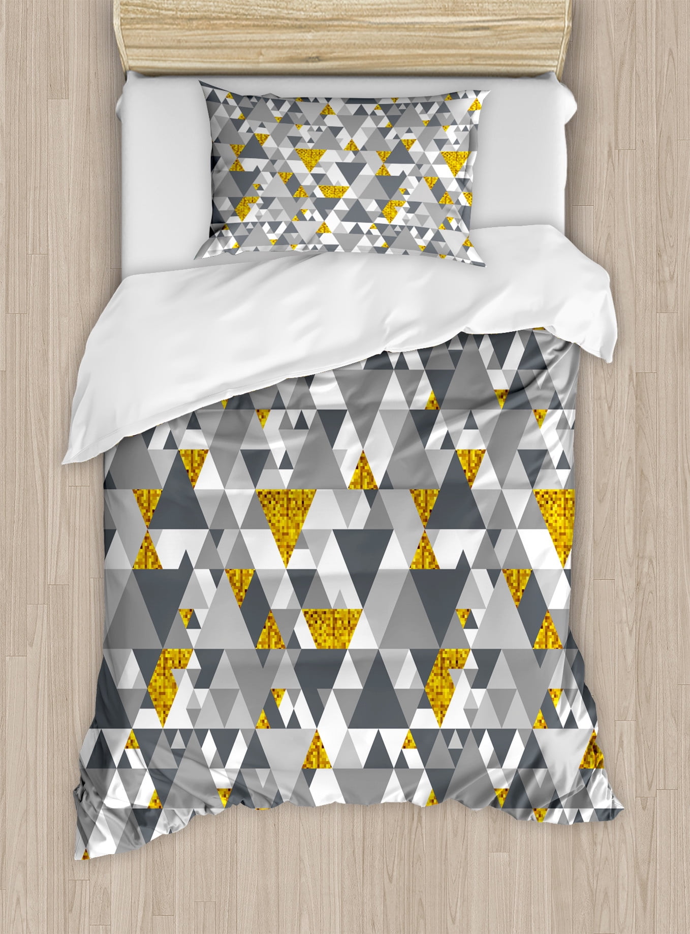 Grey and Yellow Duvet Cover Set, Zig Zag Triangles Futuristic Design ...