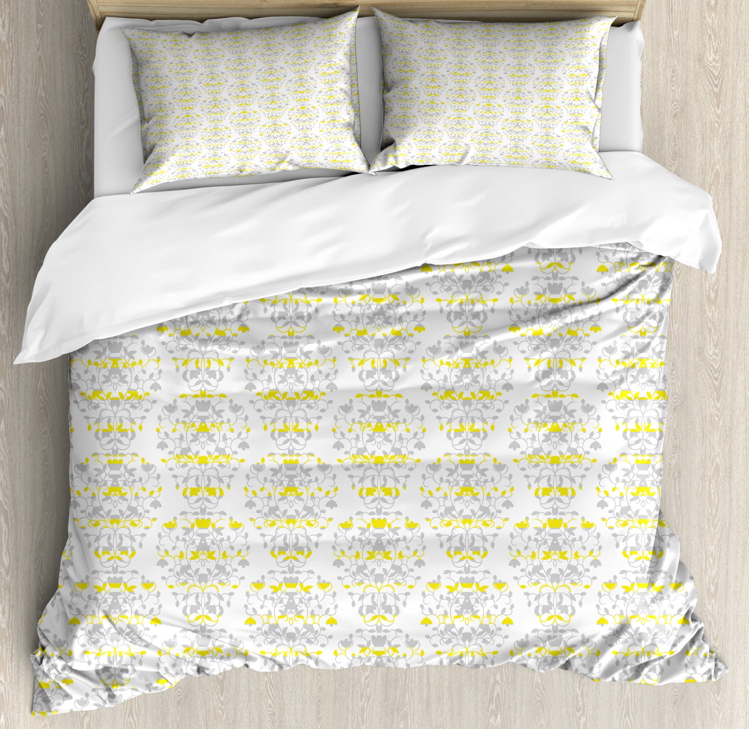 Grey and Yellow King Size Duvet Cover Set, Victorian Style Flowers ...
