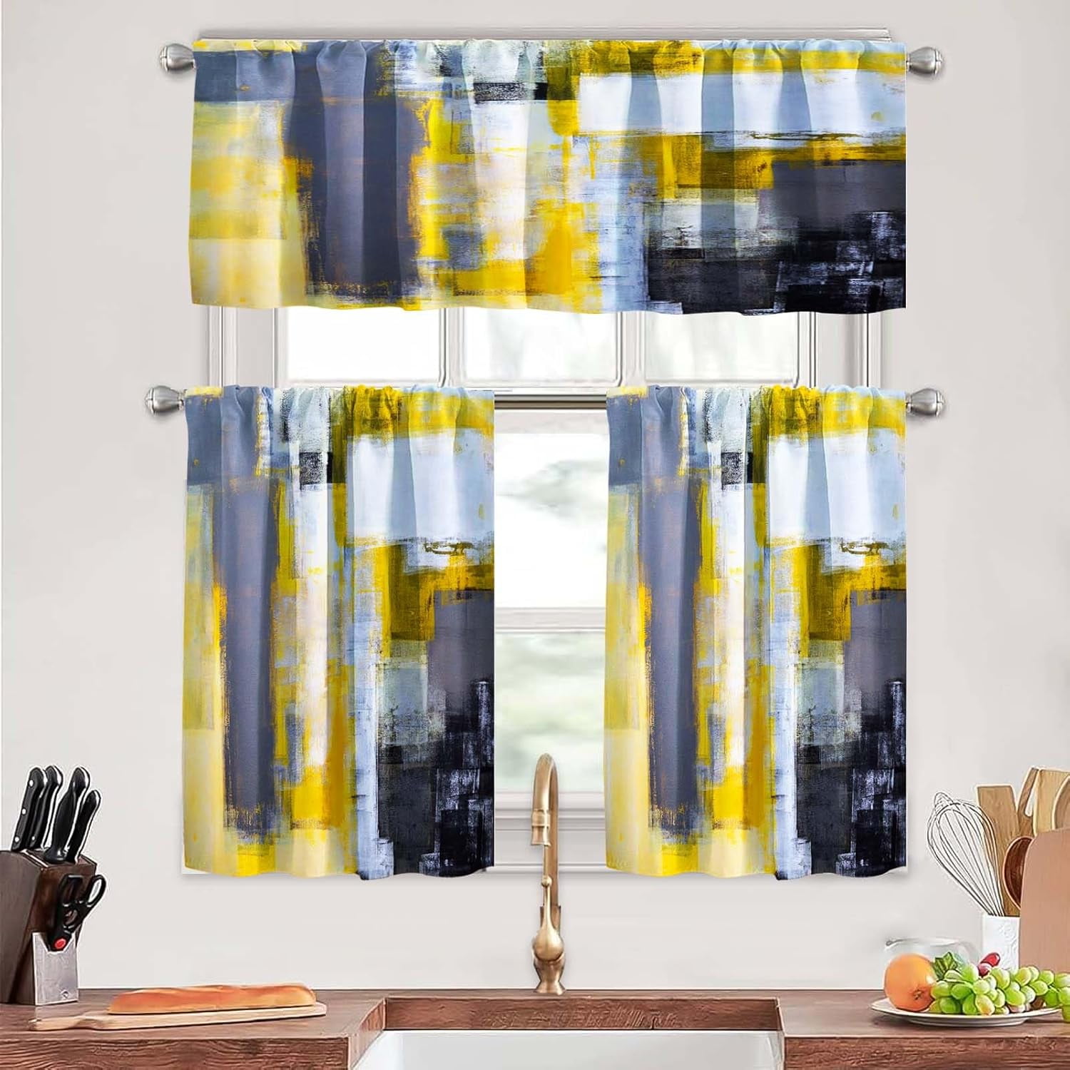 Grey and Yellow Kitchen Curtains Tiers and Valances Set 3 Piece for ...