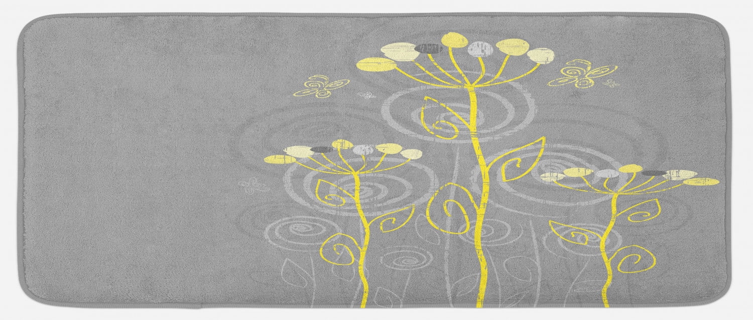 Grey and Yellow Kitchen Mat, Under the Sea Inspired Flowers Abstract ...