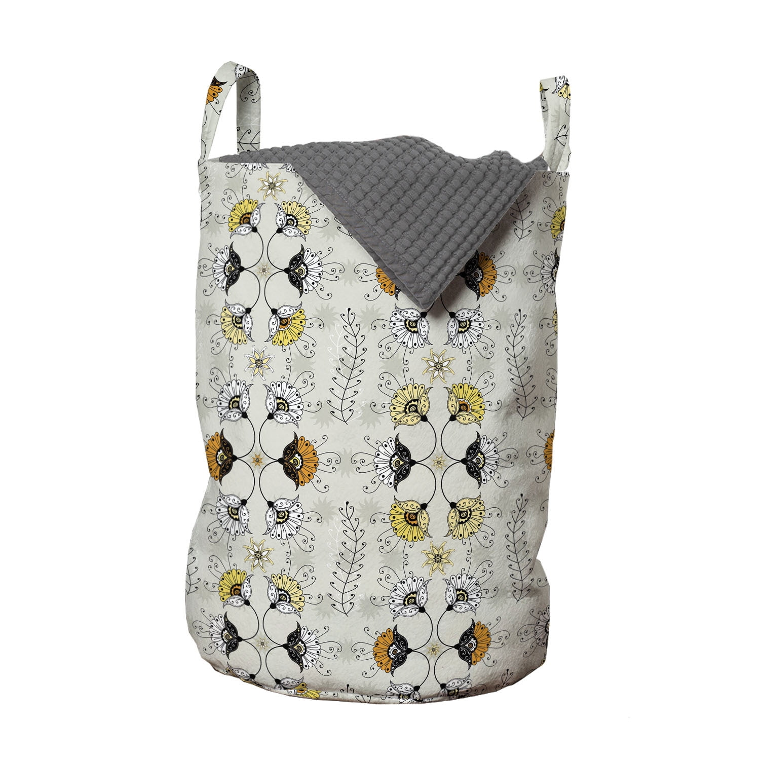 Grey and Yellow Laundry Bag, Paisley Style Flowers Ivy Swilrs Leaves ...