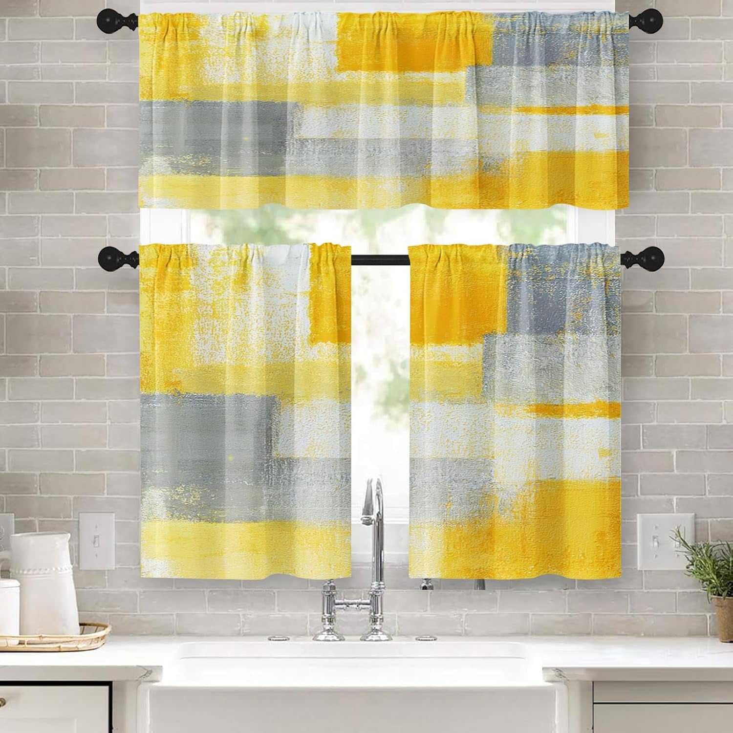 Grey Yellow Painting Kitchen Window Curtains Valance and Tier Set ...