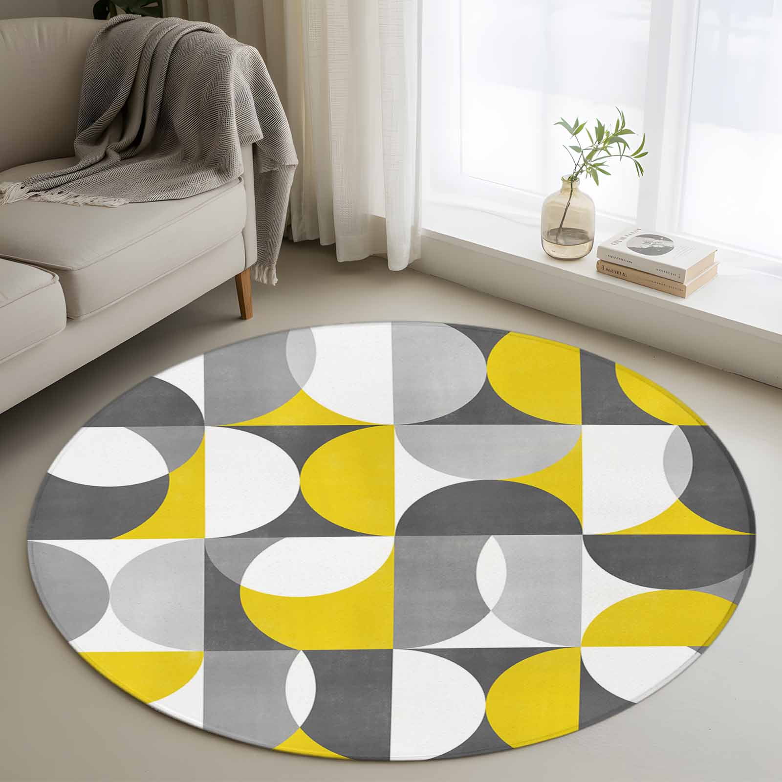 Grey Yellow, Round Area Rug 3 FT, Small Kitchen Bathroom Mat, Middle ...