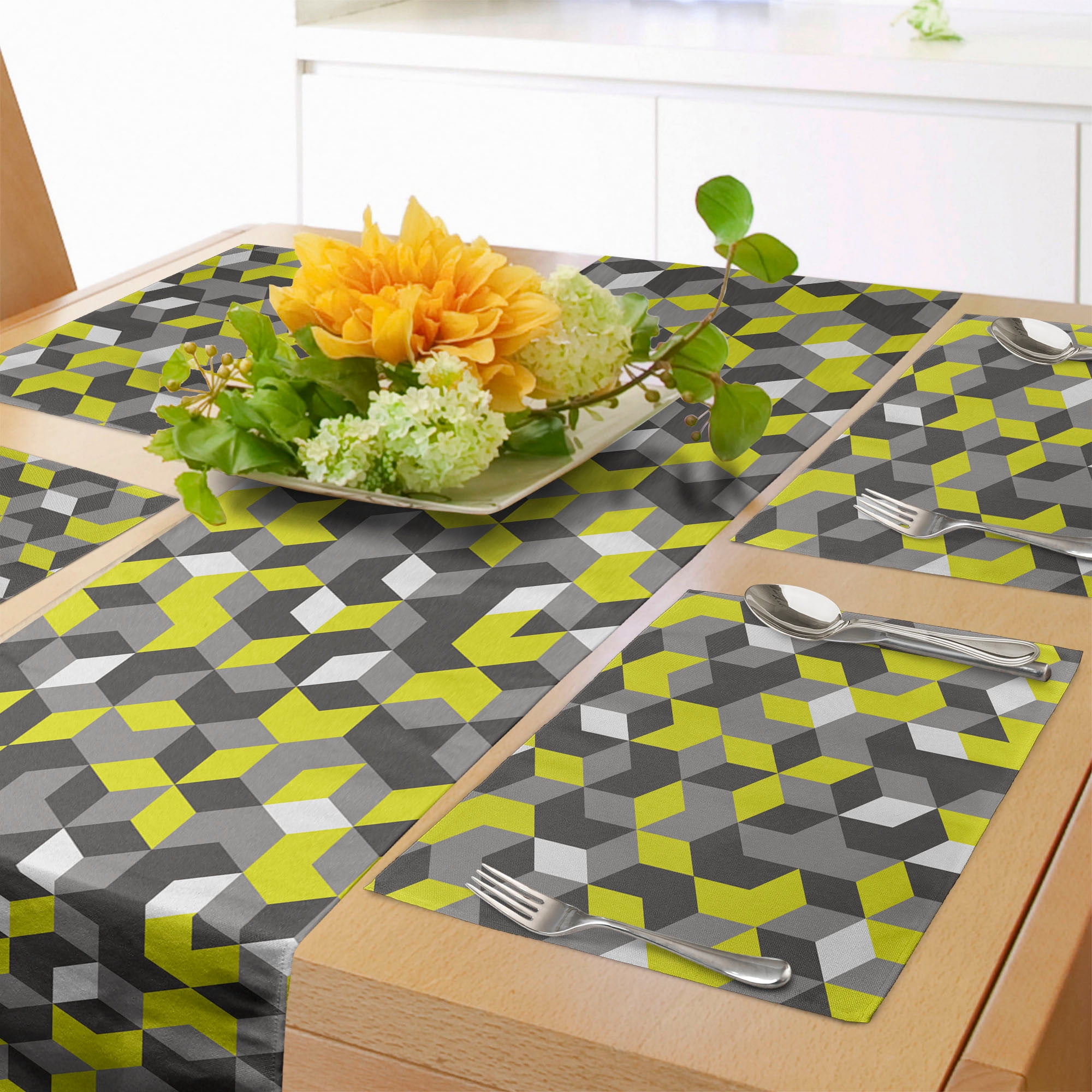 Grey and Yellow Table Runner & Placemats, 3D Print Inspired Modern ...