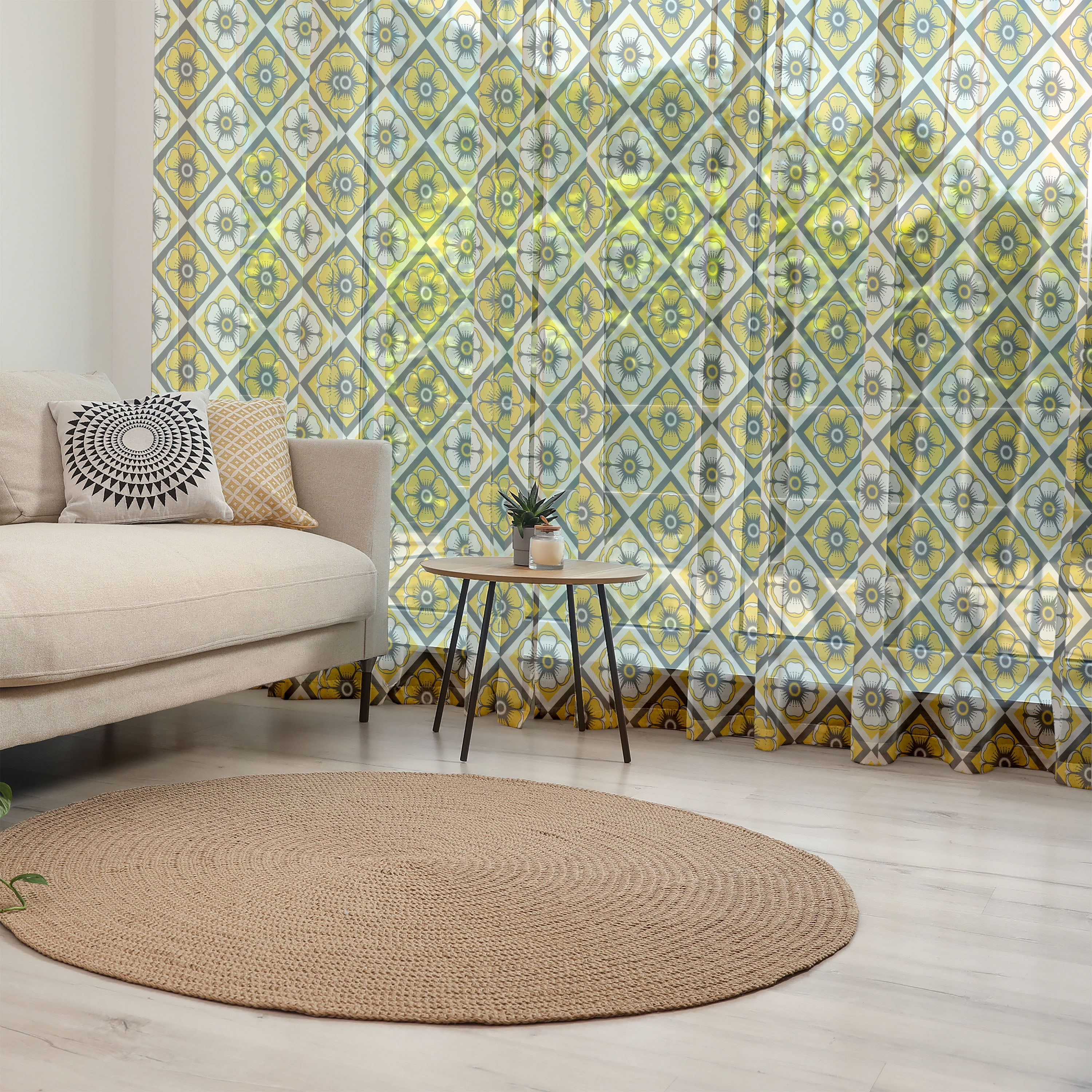 Grey and Yellow Tulle Curtains with Rod Pocket, Tile Like Spring ...