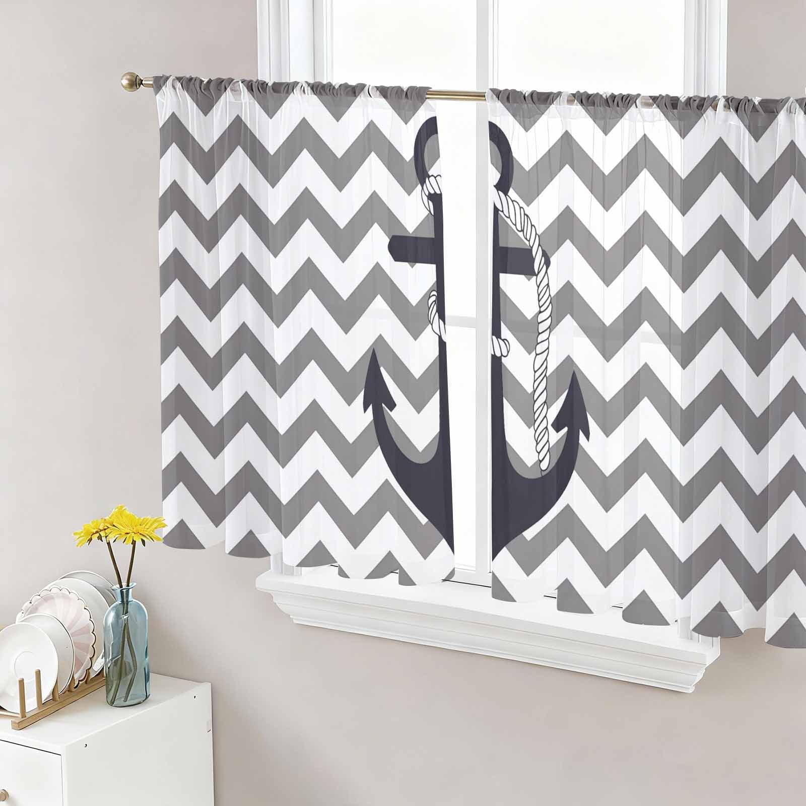 Grey Zigzag Semi Sheer Curtains 54 Inch Length 2 Panels Set, Coastal ...
