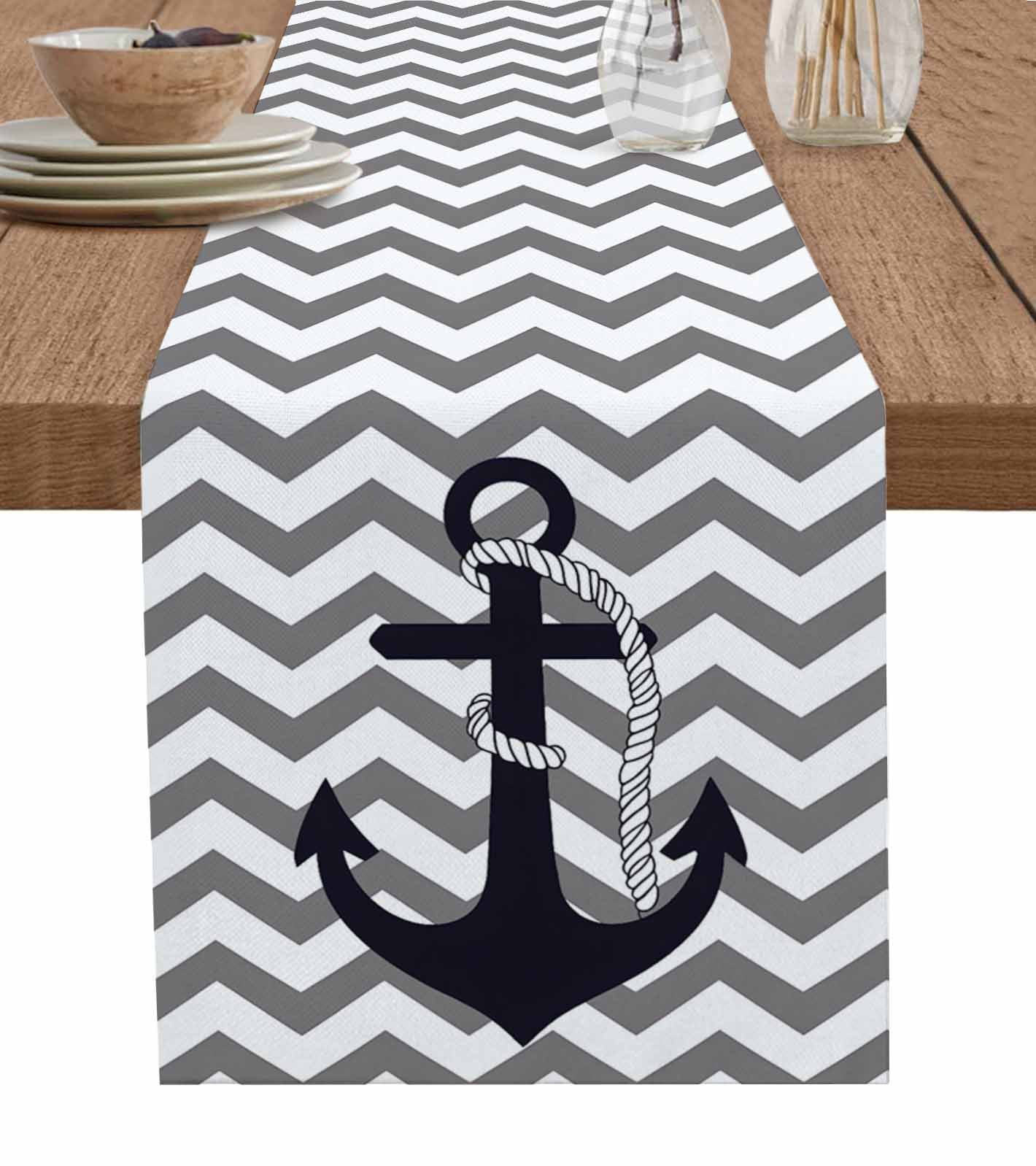 Grey Zigzag Table Runner Coastal Nautical Anchor Stripes Tablerunners ...