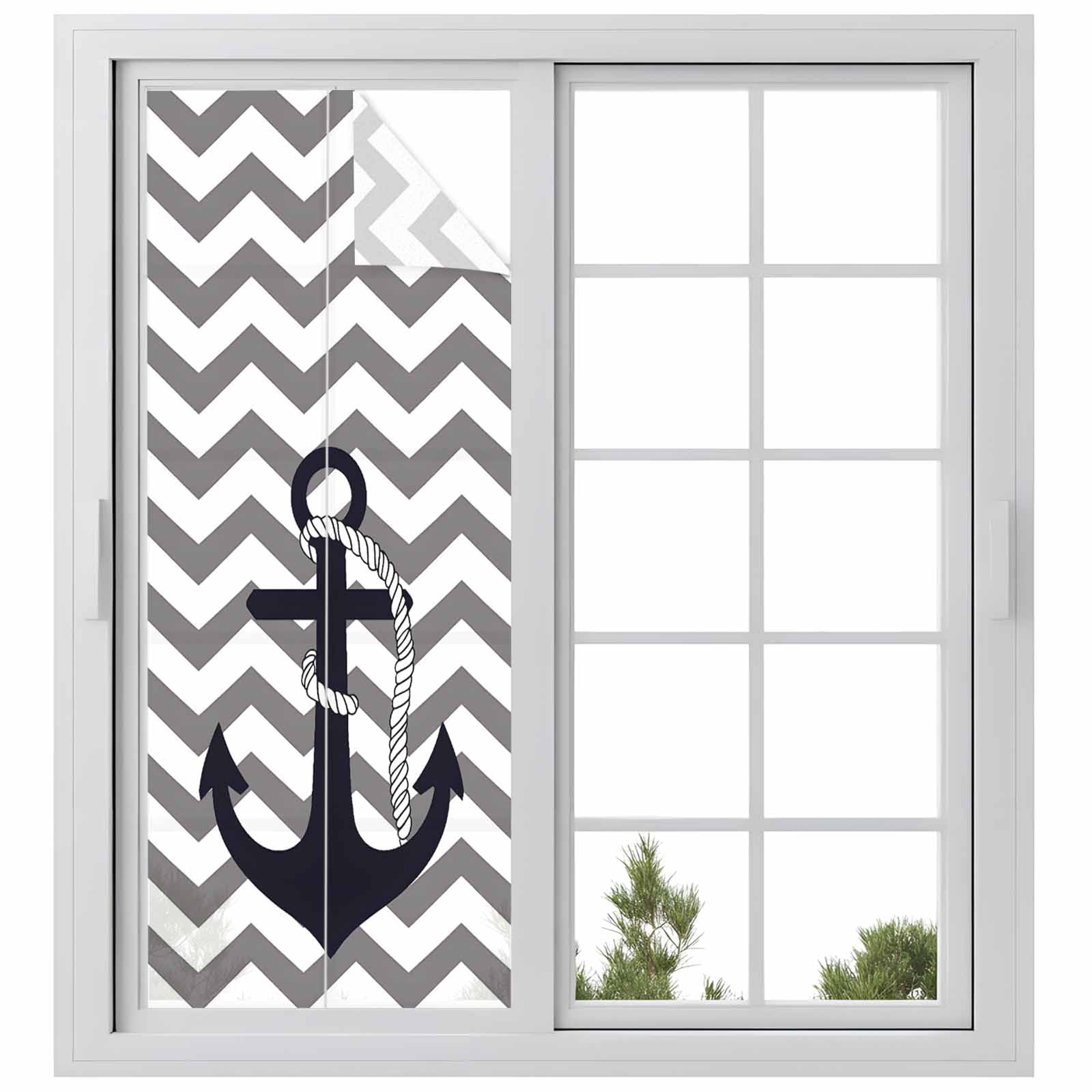 Grey Zigzag Window Privacy Film, Coastal Nautical Anchor Stripes Static ...