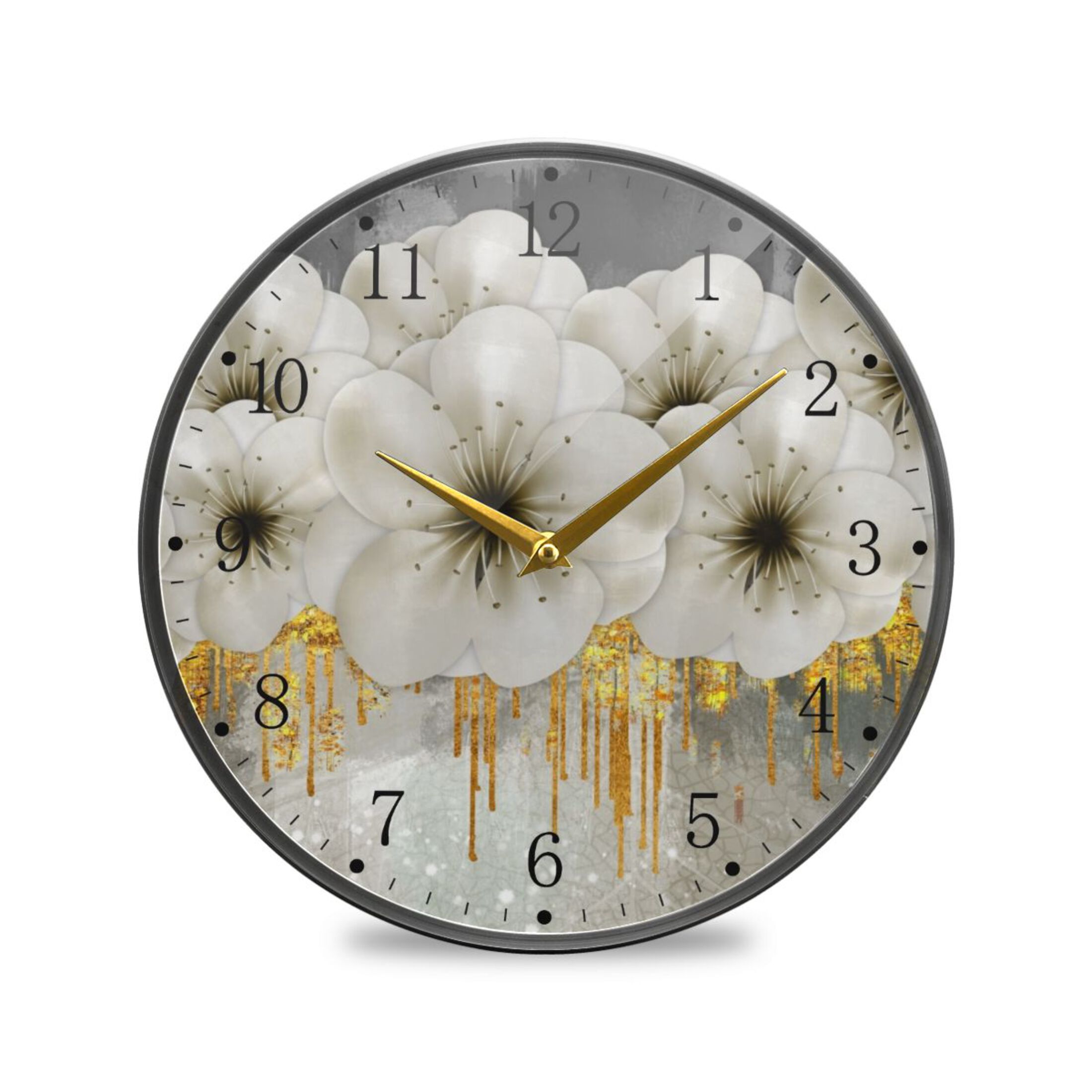 Grey and Gold Flowers Acrylic Wall Clocks Quiet Round Clock Battery ...