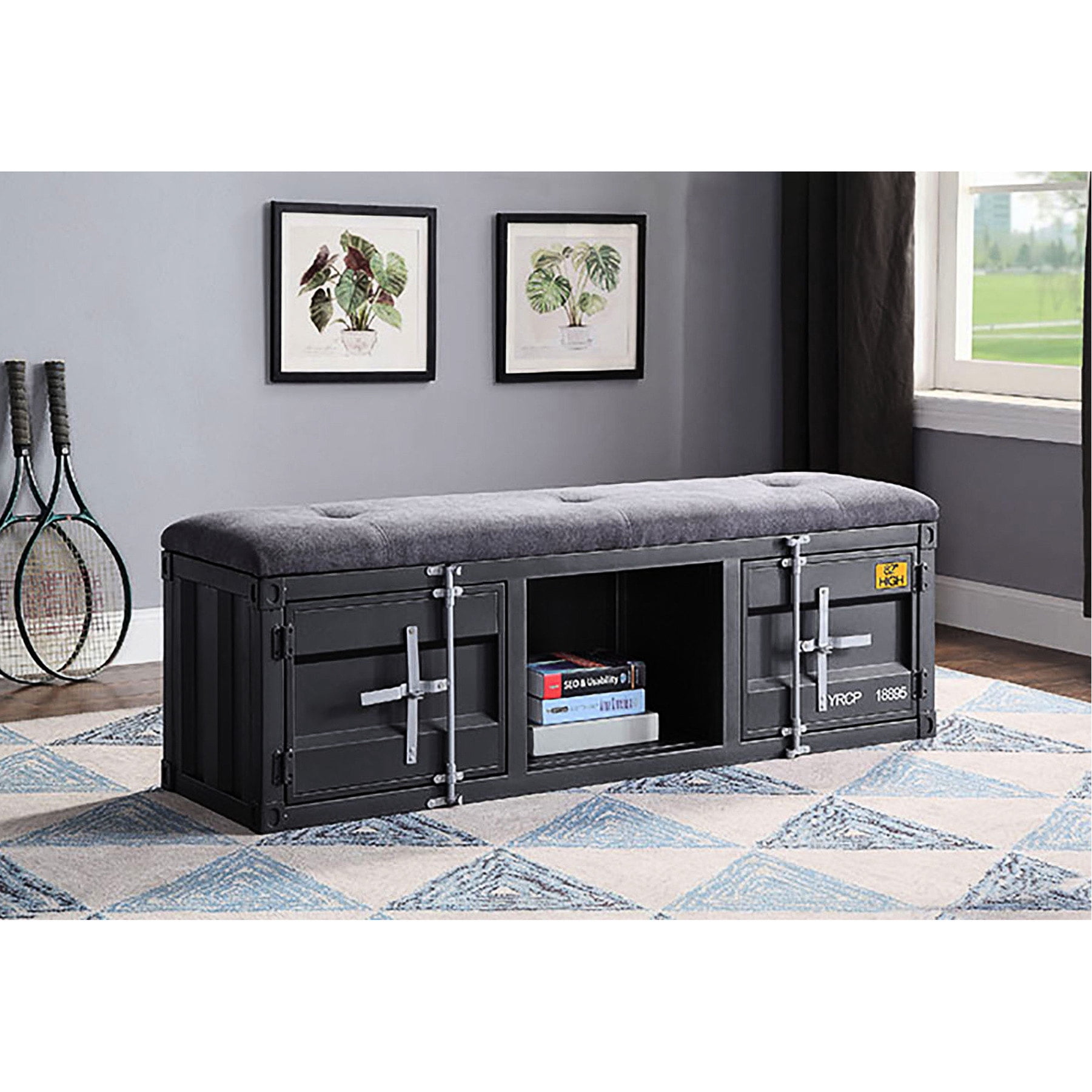 Grey and Gunmetal Storage Bench for Living Room with Comfortable Seat ...