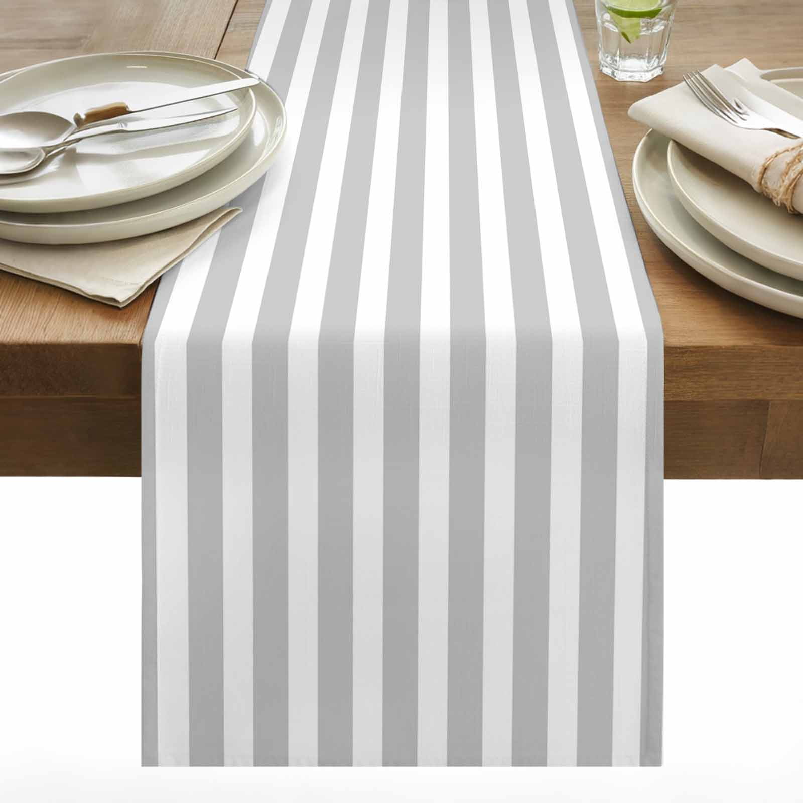 Grey and Table Runner 13x48 inch White Striped Geometric Cotton Linen ...