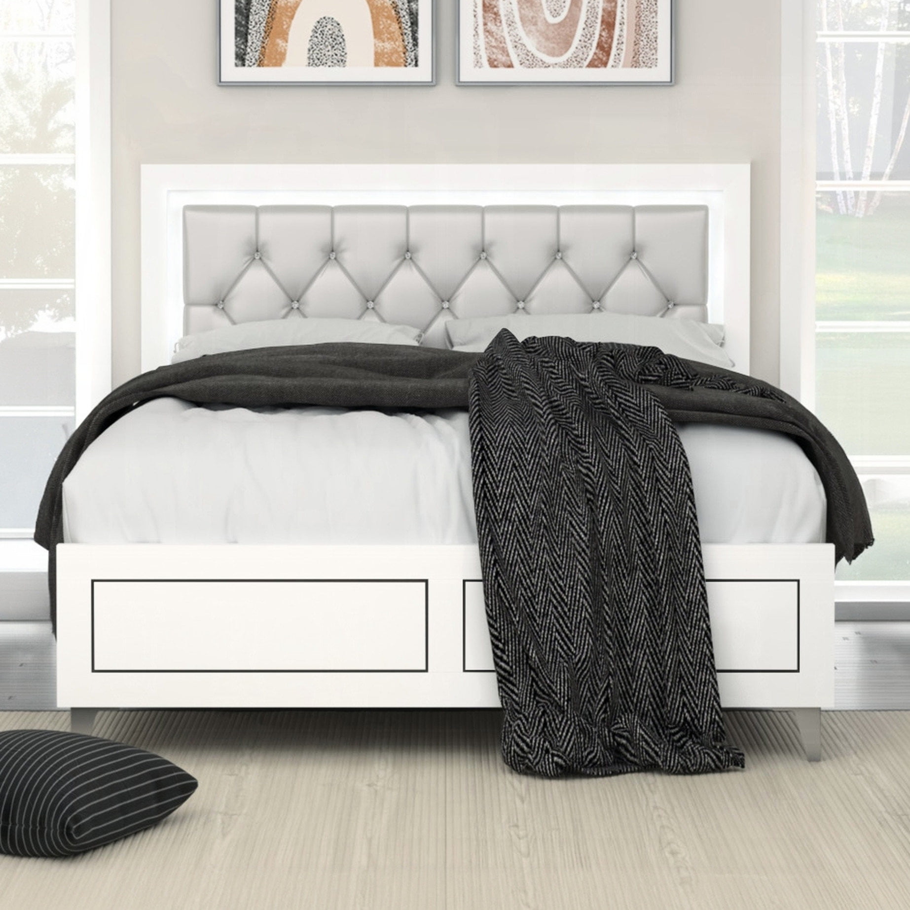 Grey and White Wood Bed with 12 Slats for Even Weight Distribution in ...