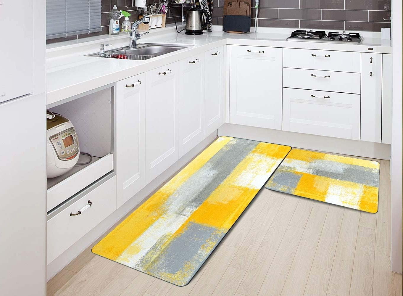 Grey and Yellow Abstract Art Modern Kitchen Rugs and Mats Kitchen Mat ...